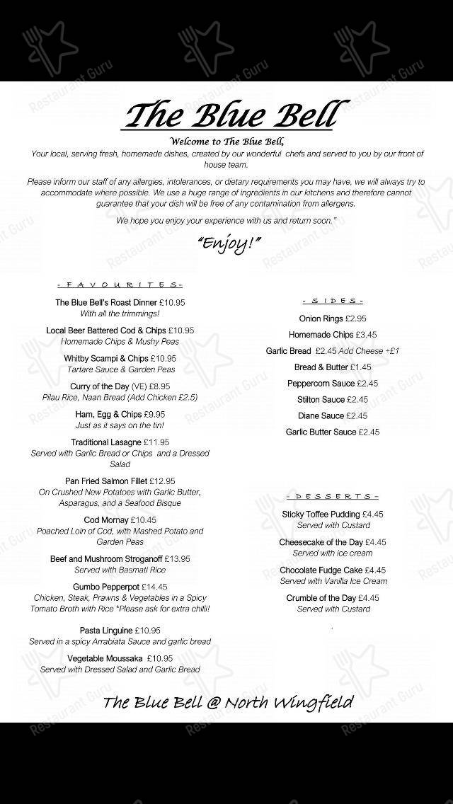 Menu at Blue Bell Inn pub & bar, Chesterfield, Station Rd