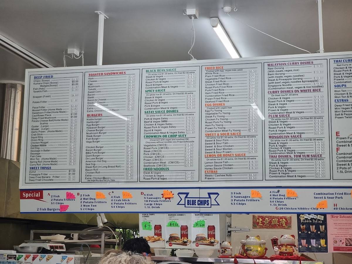 Menu at Blue Chip Takeaways restaurant, Kumeu