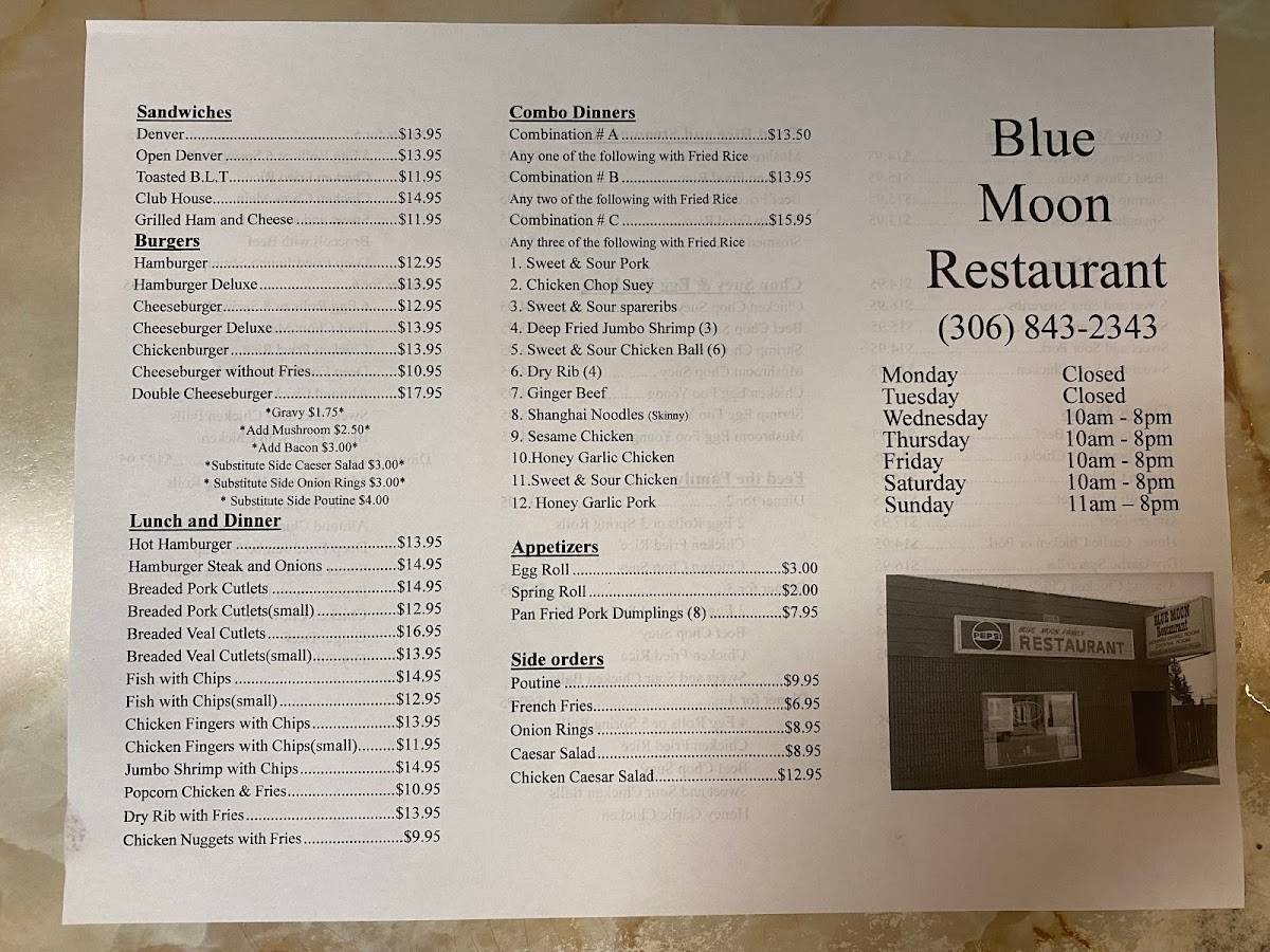 Menu at Blue Moon Restaurant, Wilkie