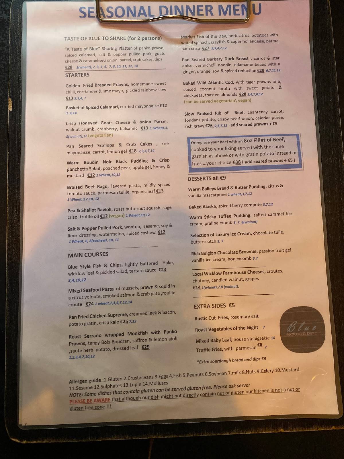 Menu at Blue Seafood & Bistro Restaurant, Wicklow