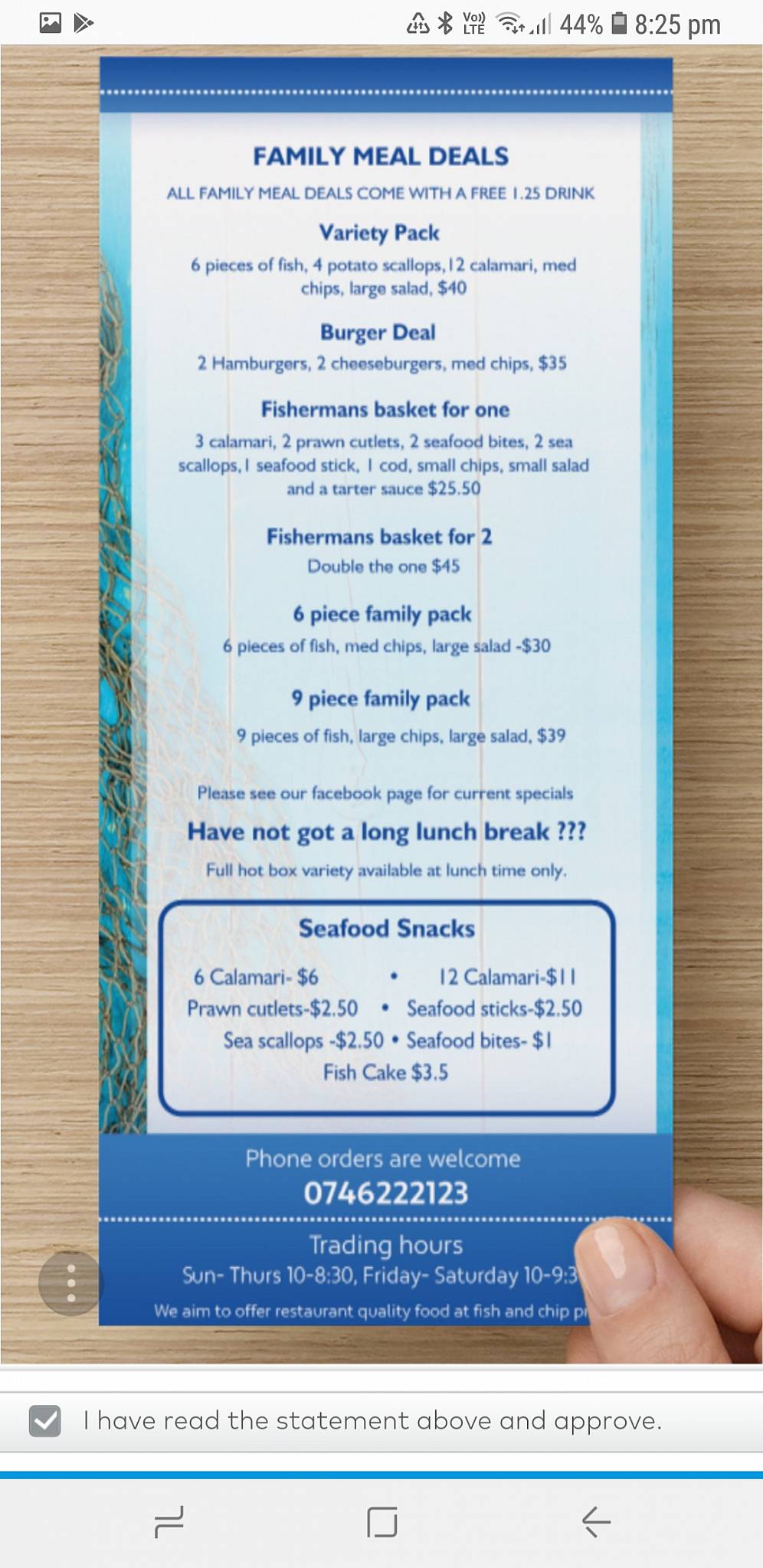 Menu at Blue Shed Fish & Chips Cafe, Roma, 81 Charles St