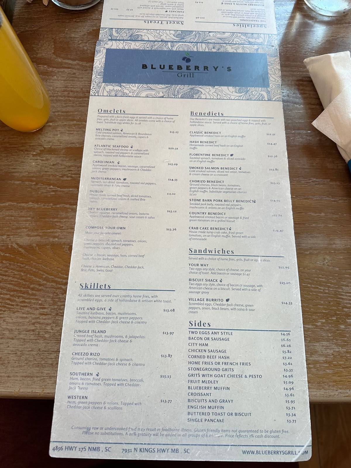 Menu at Blueberry's Grill restaurant, North Myrtle Beach, Hwy 17