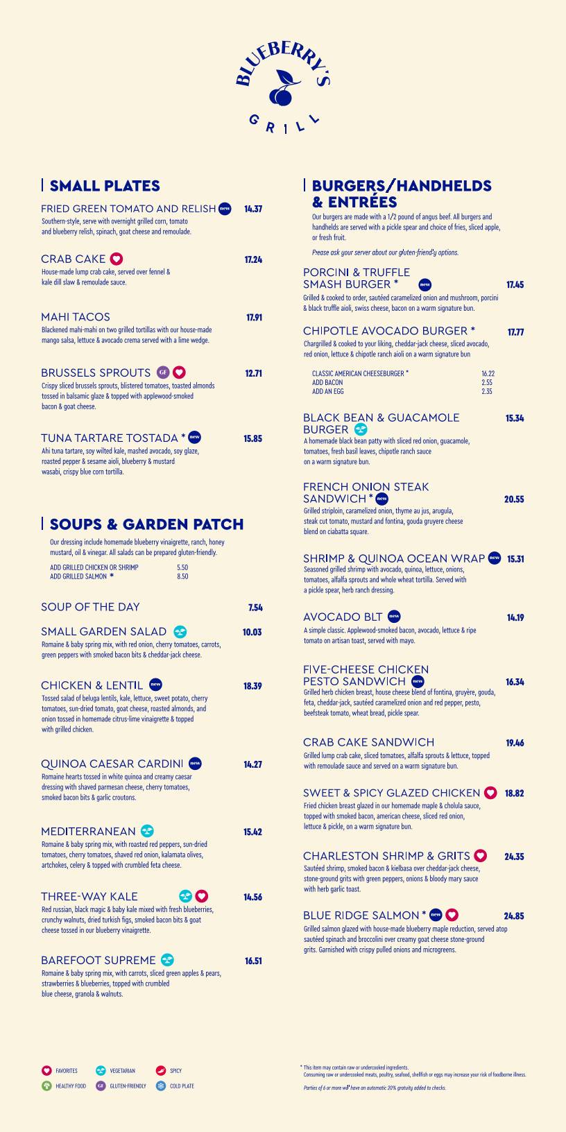 Menu at Blueberry's Grill restaurant, North Myrtle Beach, US-17