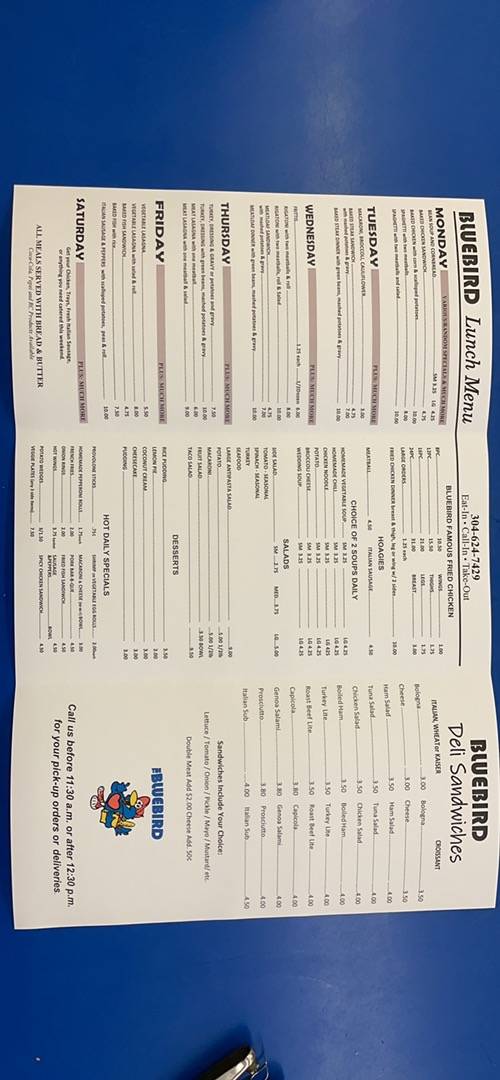Menu at Bluebird Store restaurant, Clarksburg
