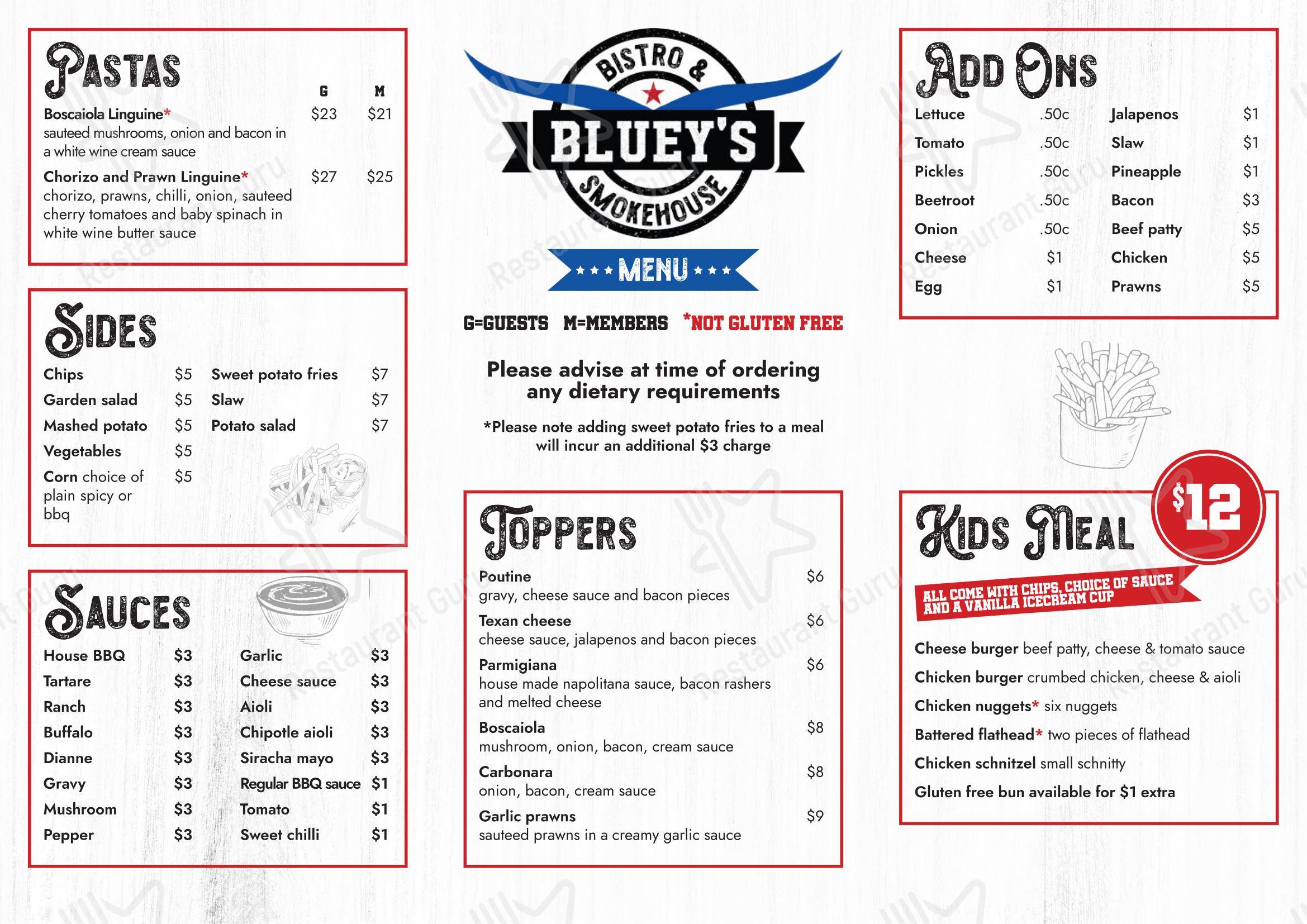Menu at Bluey's Bistro & Smokehouse restaurant, Cardiff