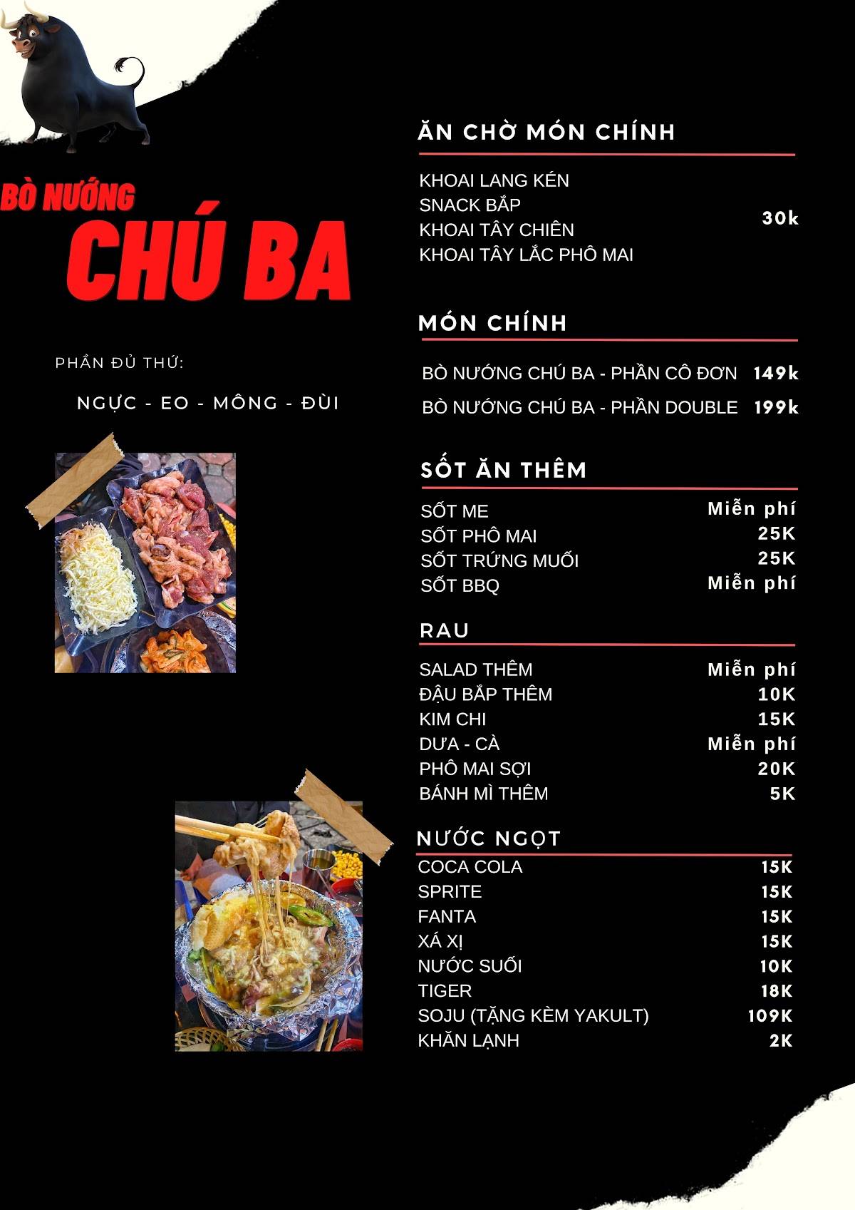 Menu at Bò Nướng Chú Ba restaurant, Ho Chi Minh City