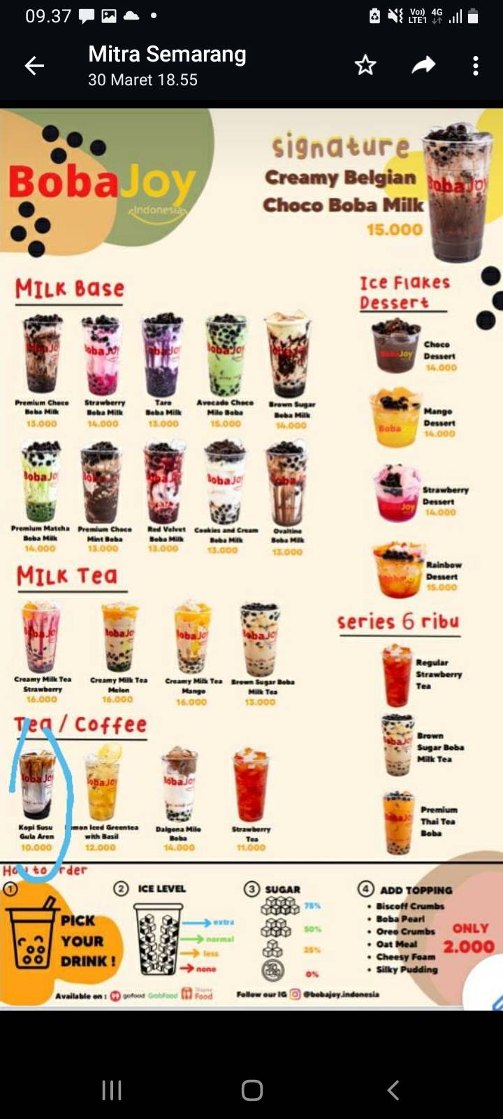 Menu at Boba joy pub & bar, Semarang