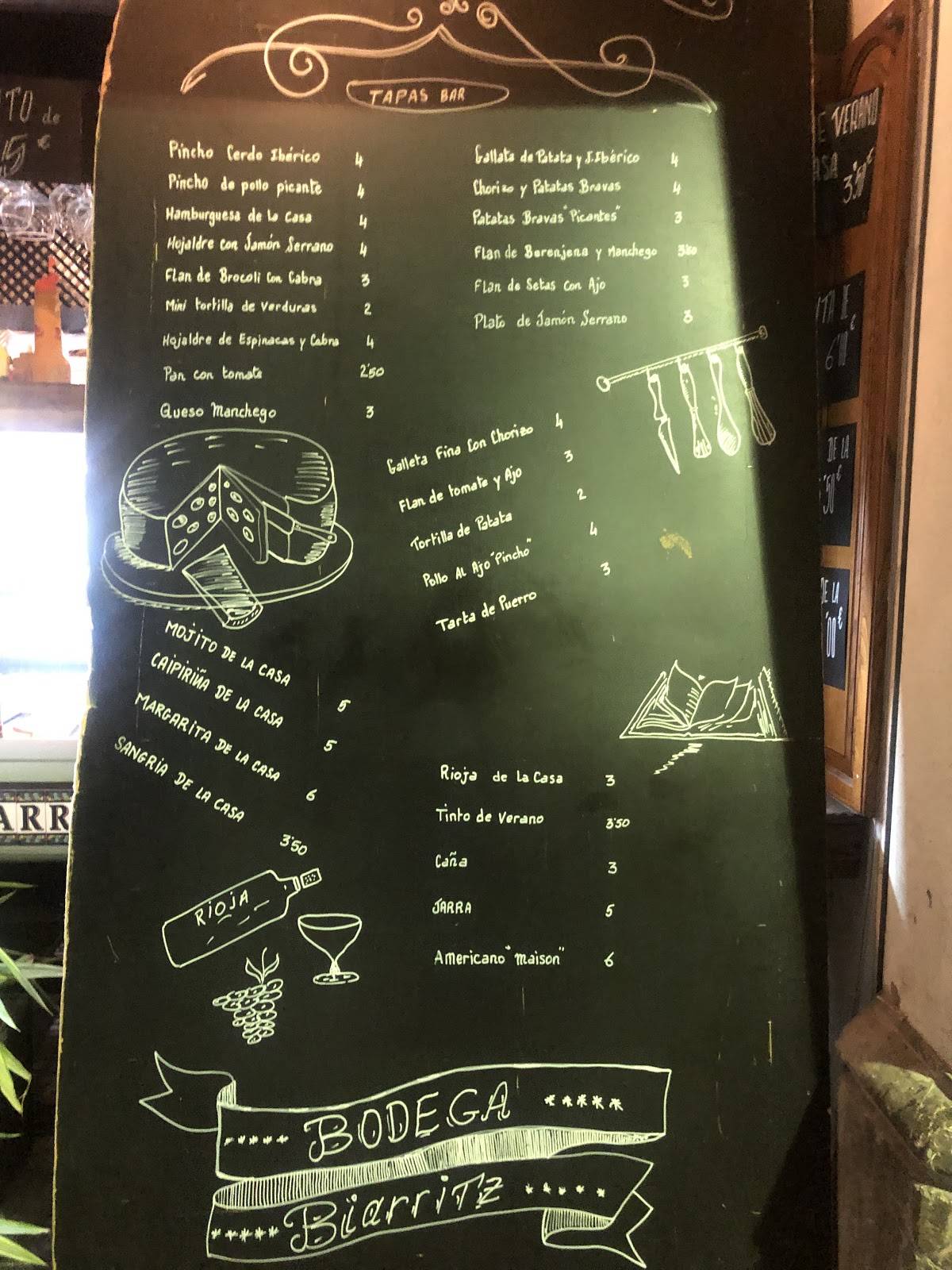 Menu at Bodega Biarritz 1881 restaurant, Barcelona, Carrer Nou de Sant ...