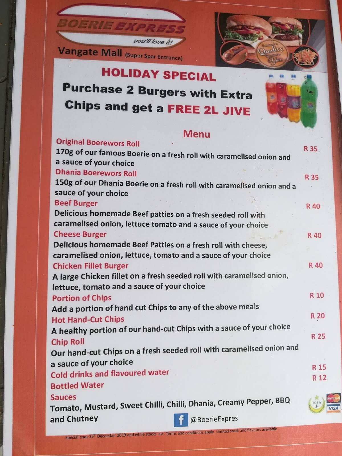 Menu at Boerie Express restaurant, Cape Town, 7 Platinum Dr