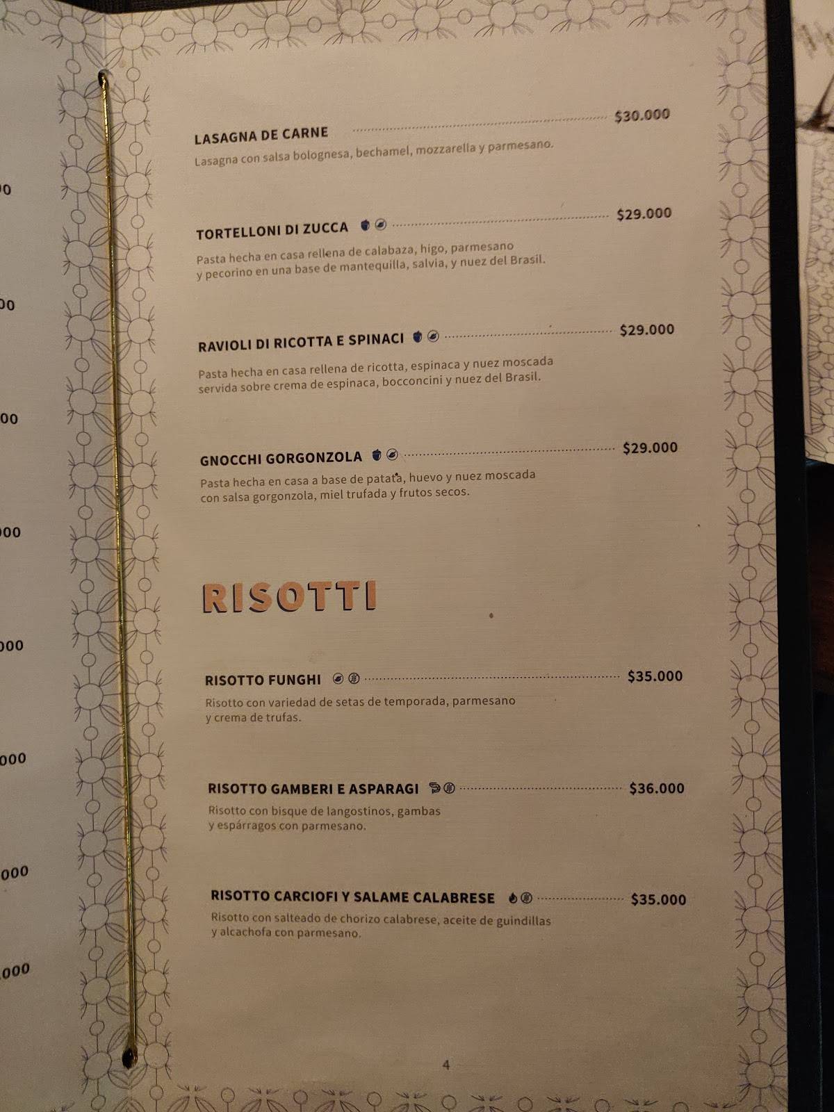 Carta de Brera Italian Restaurant & Wine Bar, Bogotá