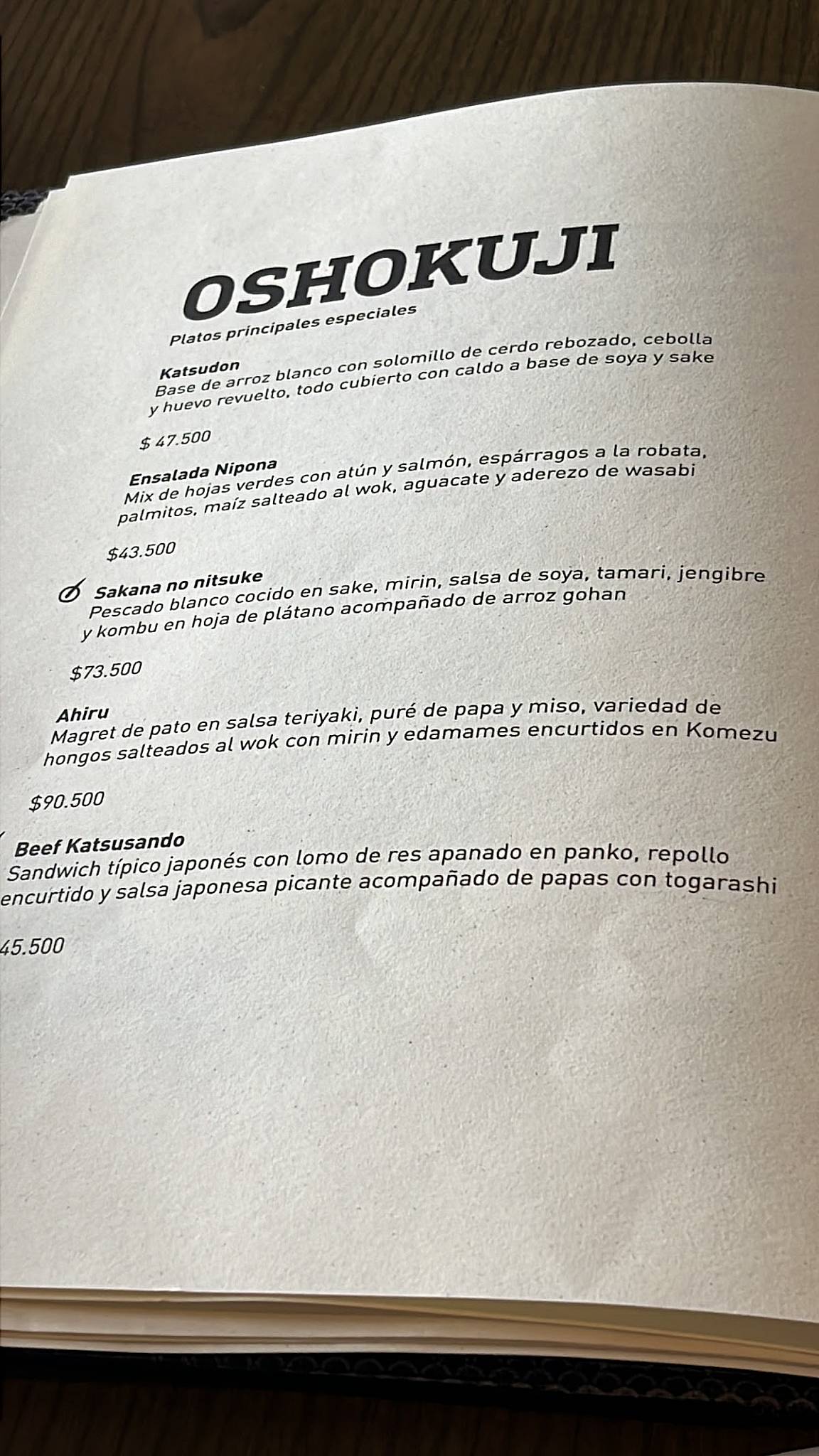 Carta del restaurante Ushin Japanese & Grill, Bogotá
