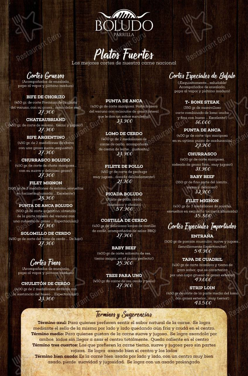 Carta de Boludo Parrilla, Armenia, Avenida Centenario 6-25