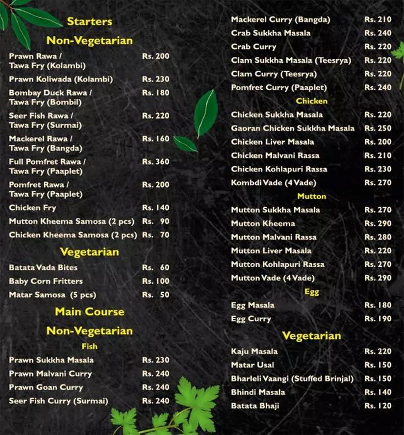 Menu at Bombay to Goa, Pune, Shop No. A