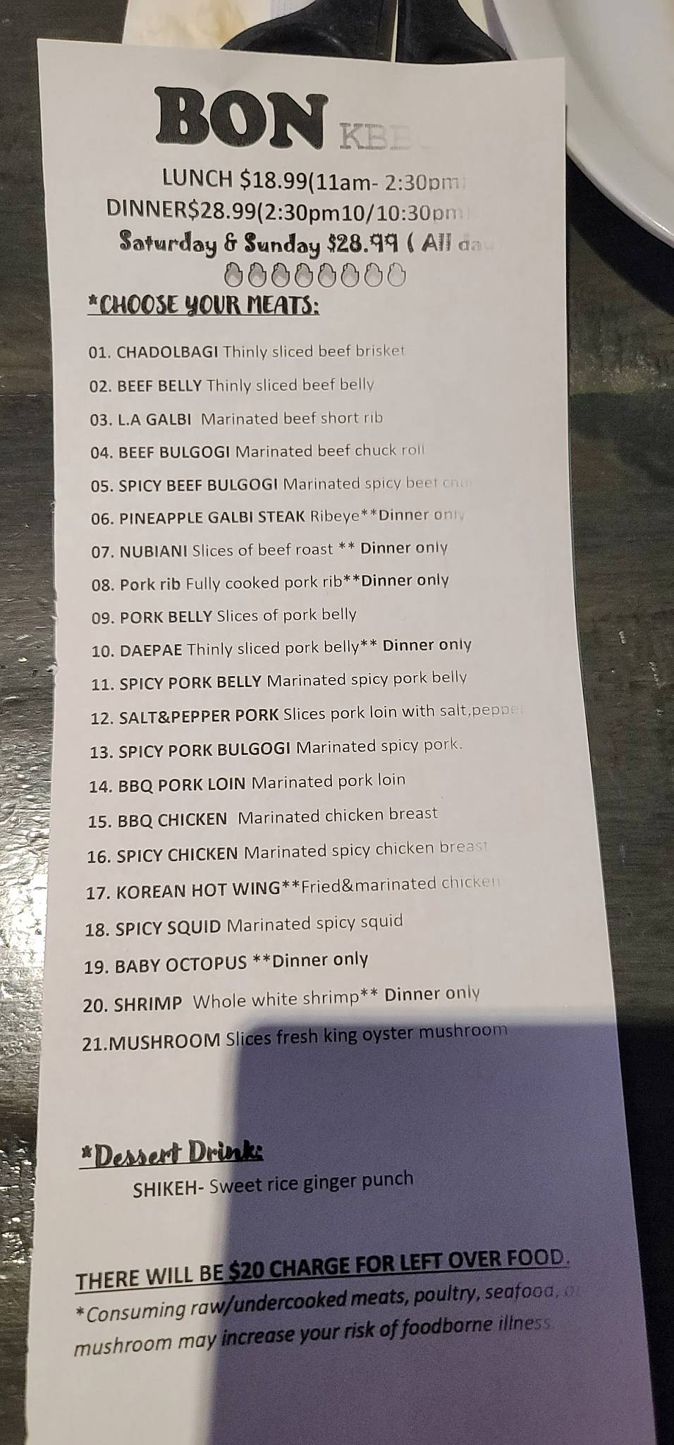 Menu at Bon KBBQ, Houston