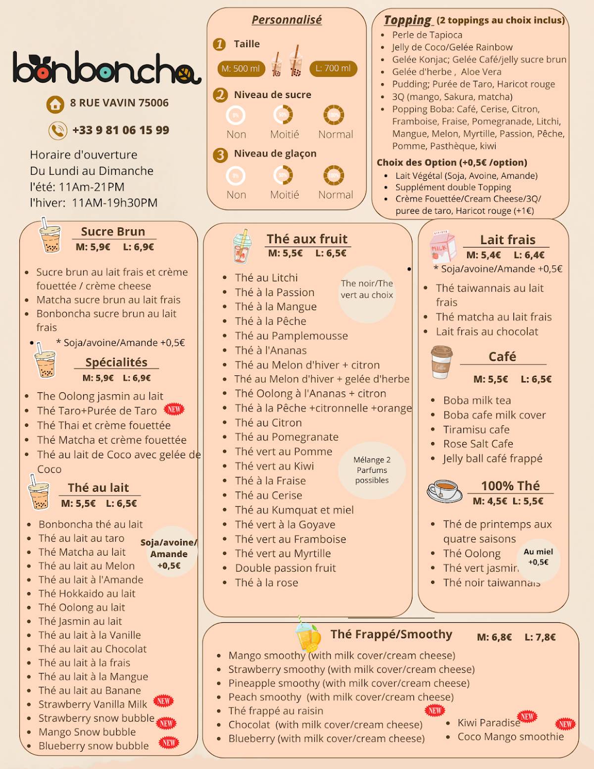 Menu au Bonboncha Bubble Tea VAVIN, Paris