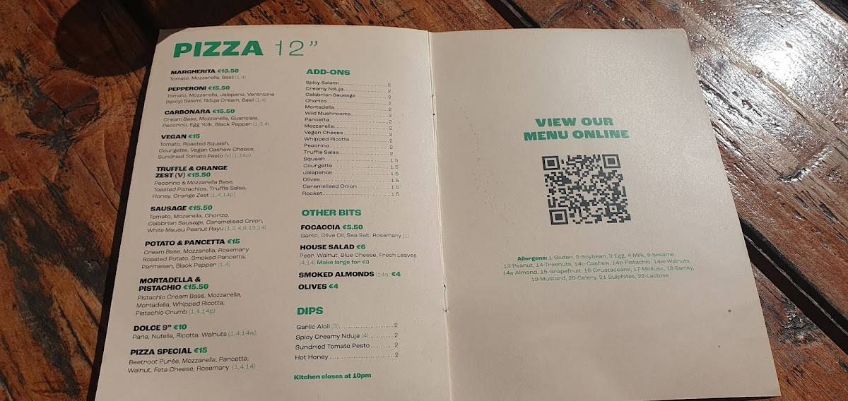 Menu at Bonobo, Smithfield pub & bar, Dublin
