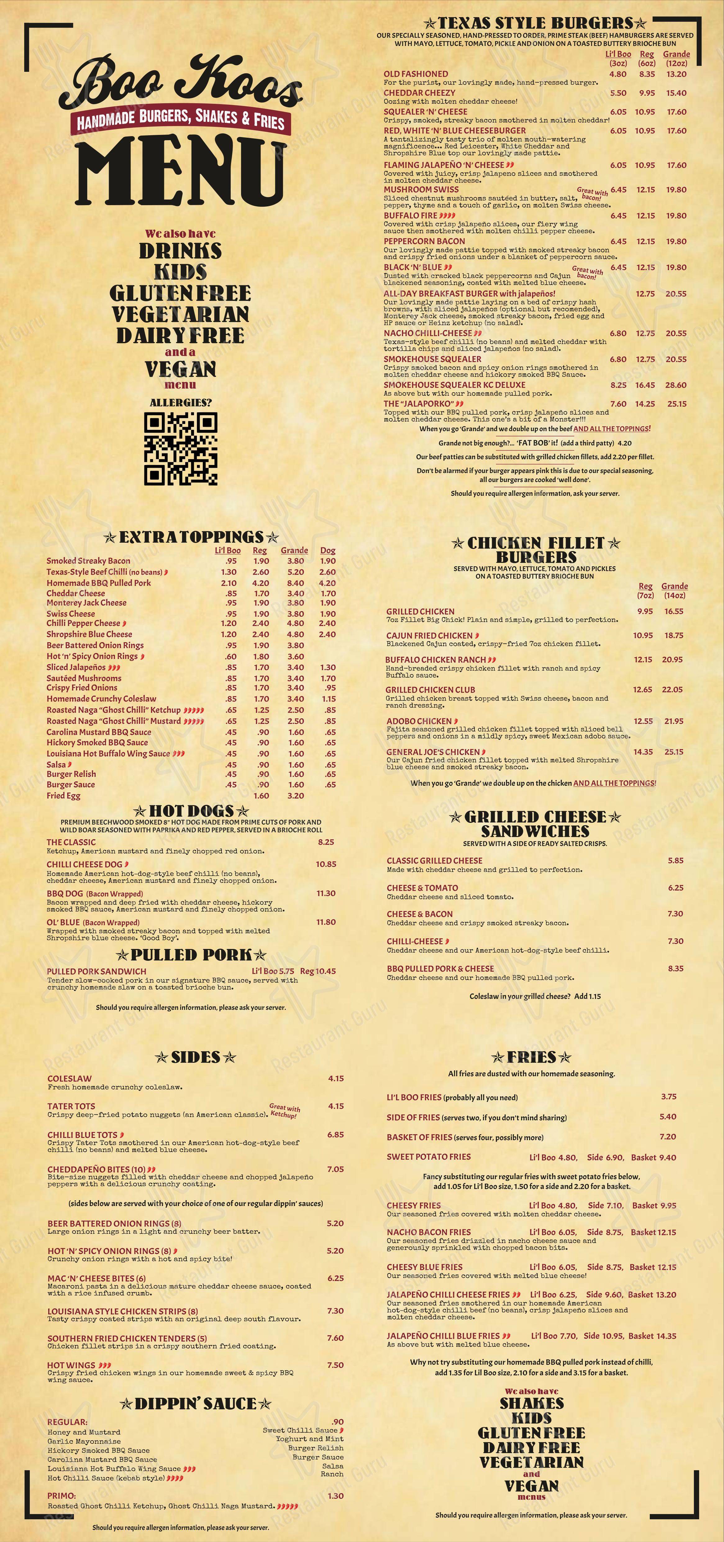Menu at Boo Koos restaurant, Helston