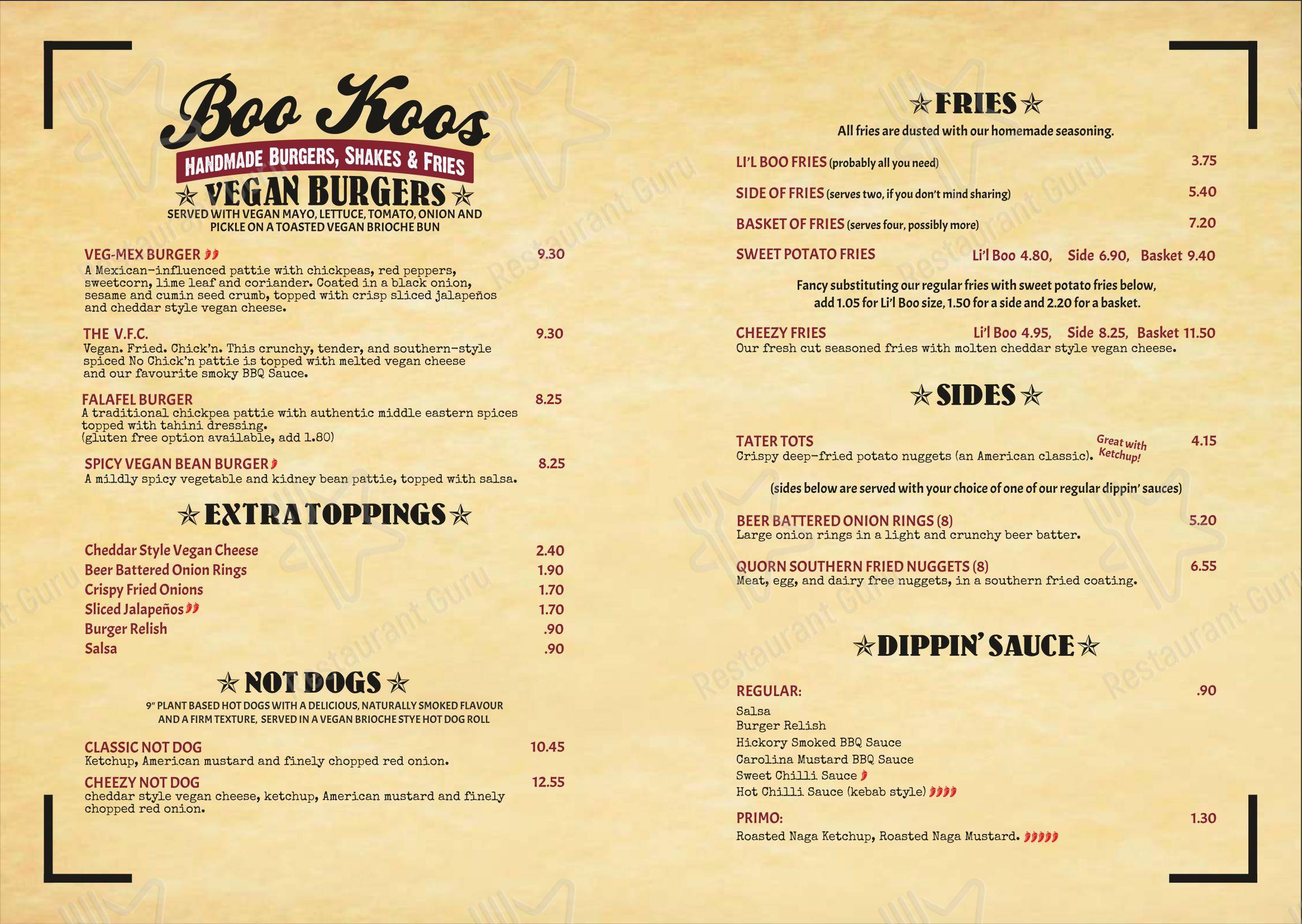 Menu at Boo Koos restaurant, Helston