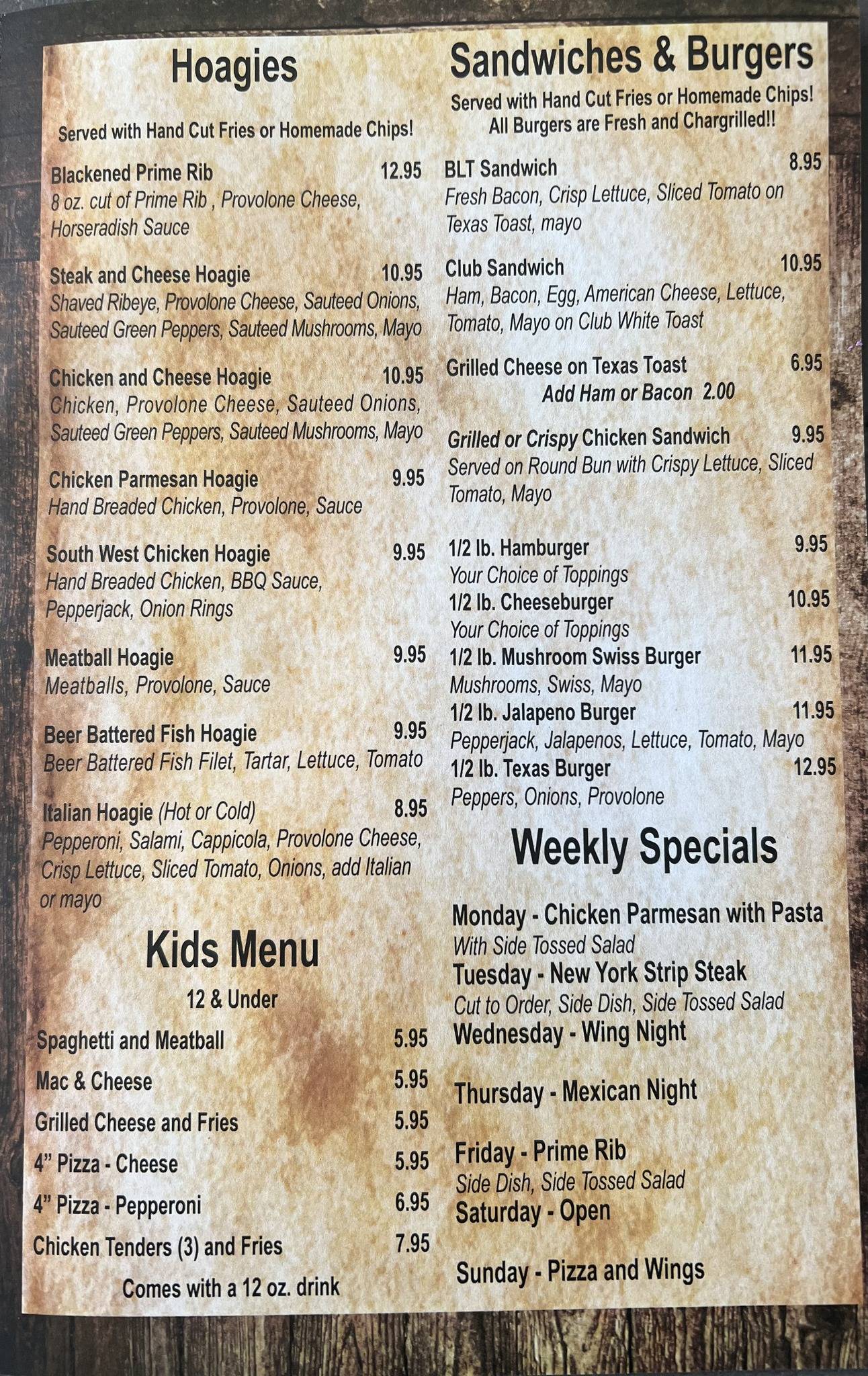 Menu at Bootlegger's Bar & Grill, Lemont Furnace
