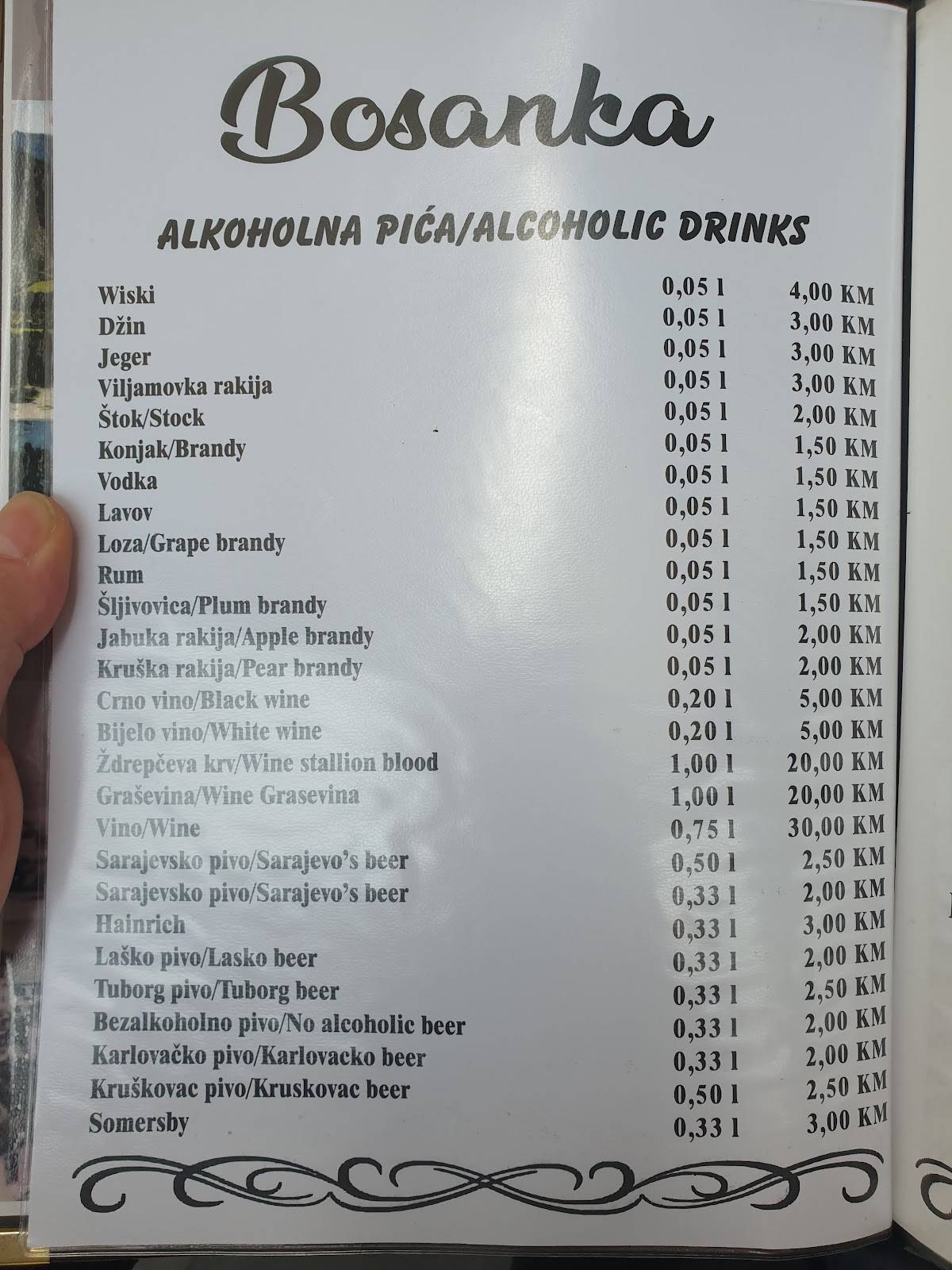 Menu at Bosanka restaurant, Goražde