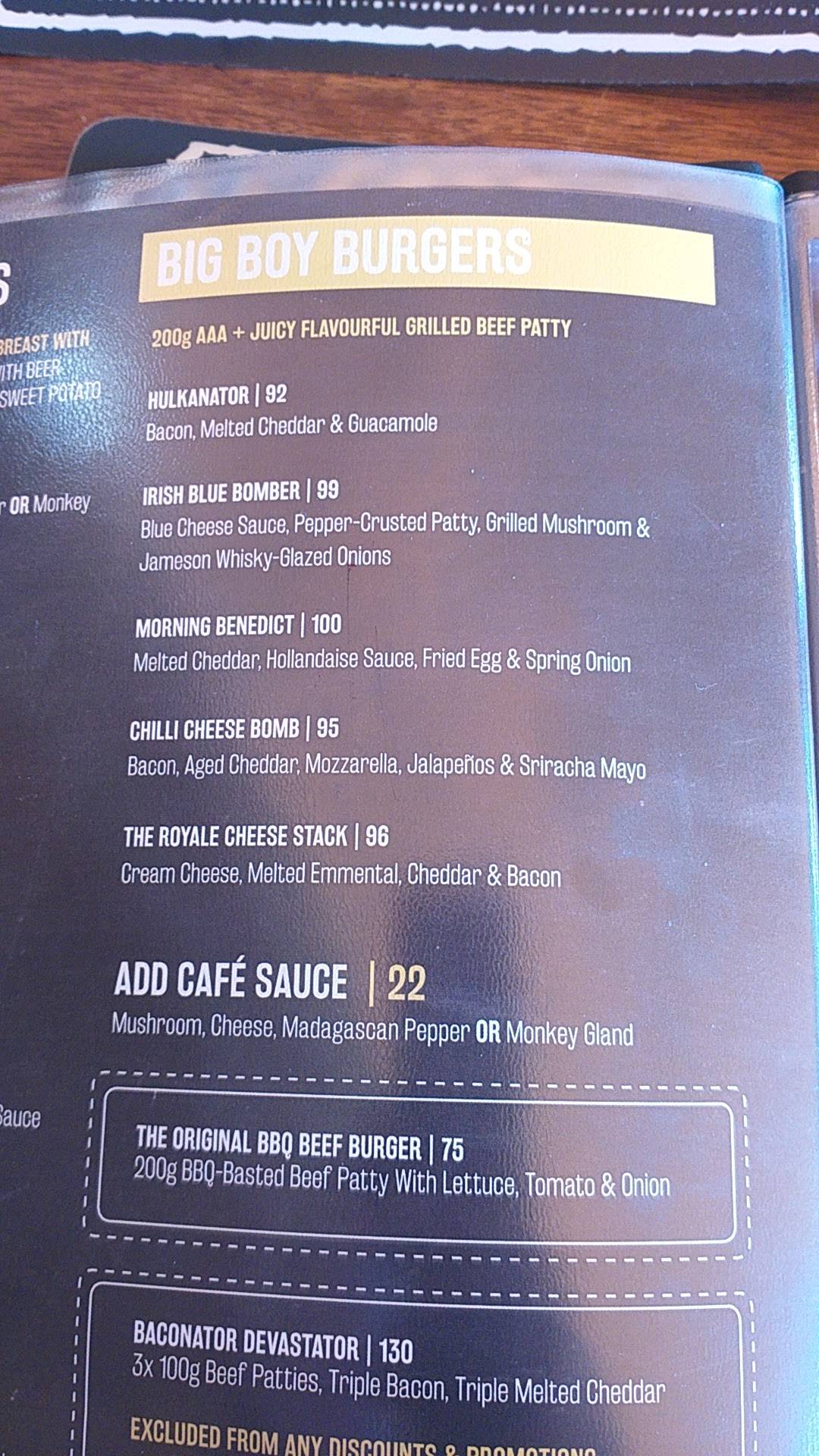 Menu at Bossa Stellenbosch restaurant, Cape Town