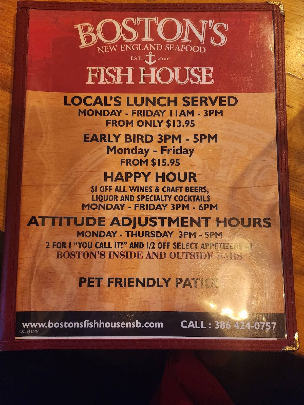 Menu at Boston's Fish House restaurant, New Smyrna Beach, S Atlantic Ave
