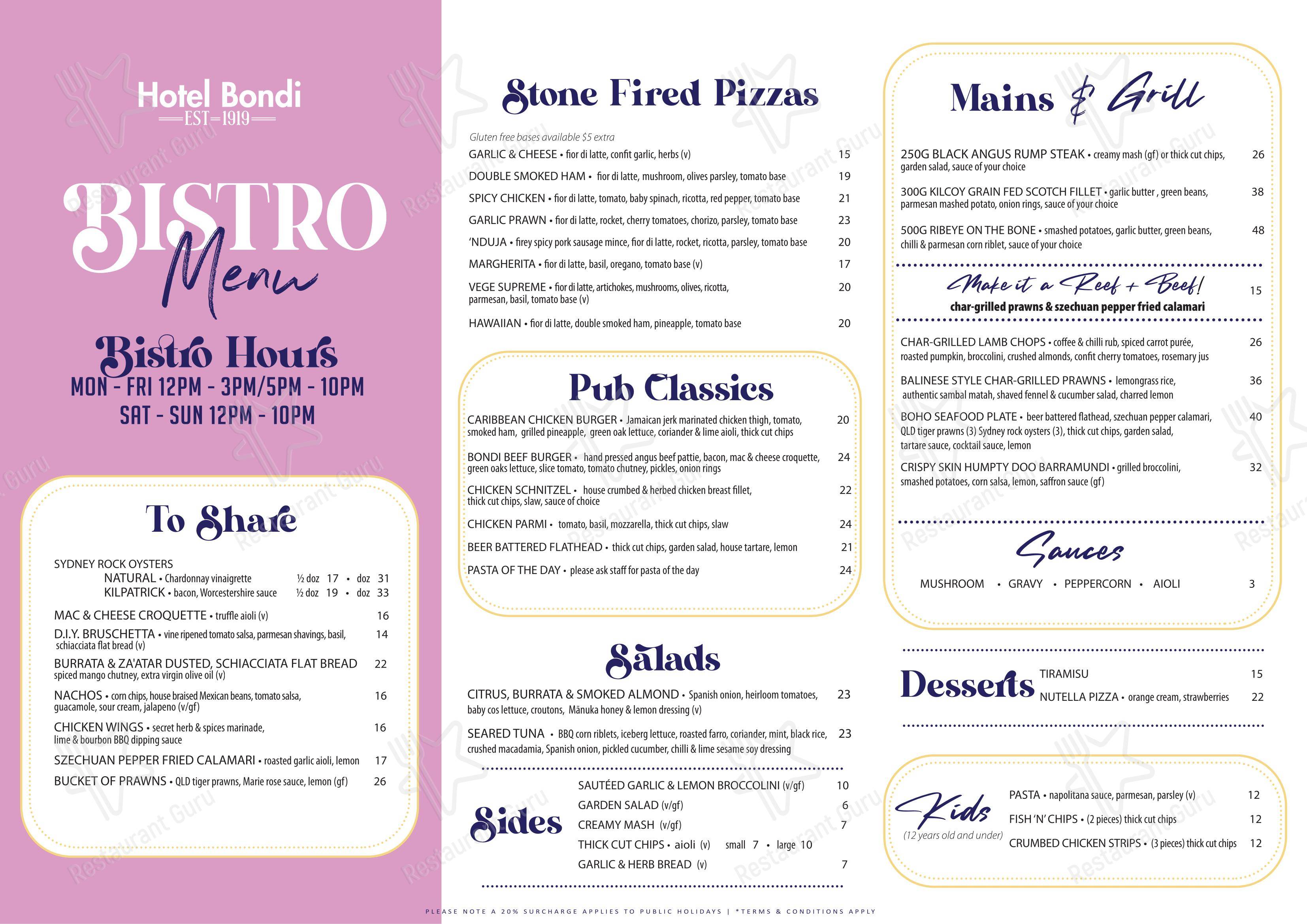 Menu at Bottega Sydney (Bondi) restaurant, Bondi Beach