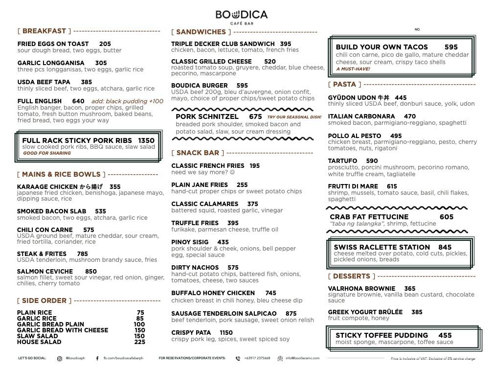 Menu at Boudica Café Bar - CityGolf Plaza, Pasig