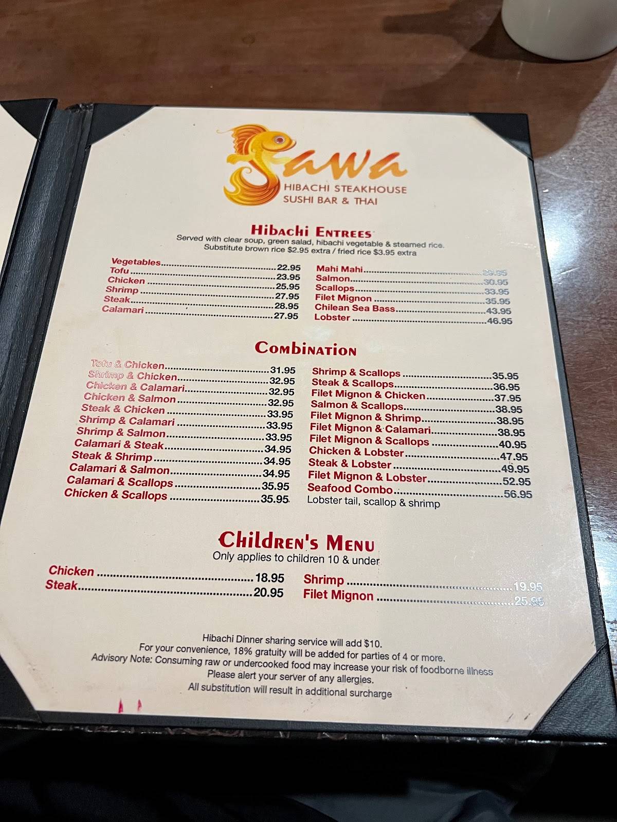 Menu at Sawa Hibachi Steakhouse, Sushi Bar & Thai, Boynton Beach