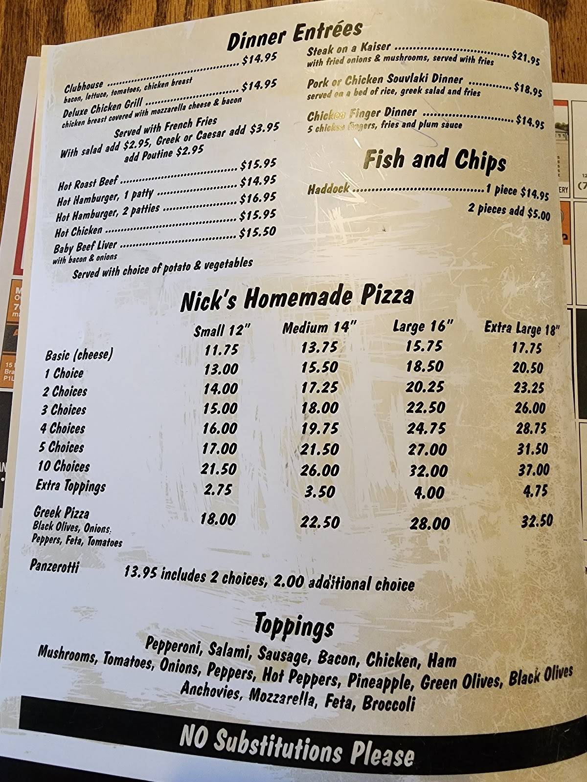Menu at Nicks restaurant, Bracebridge