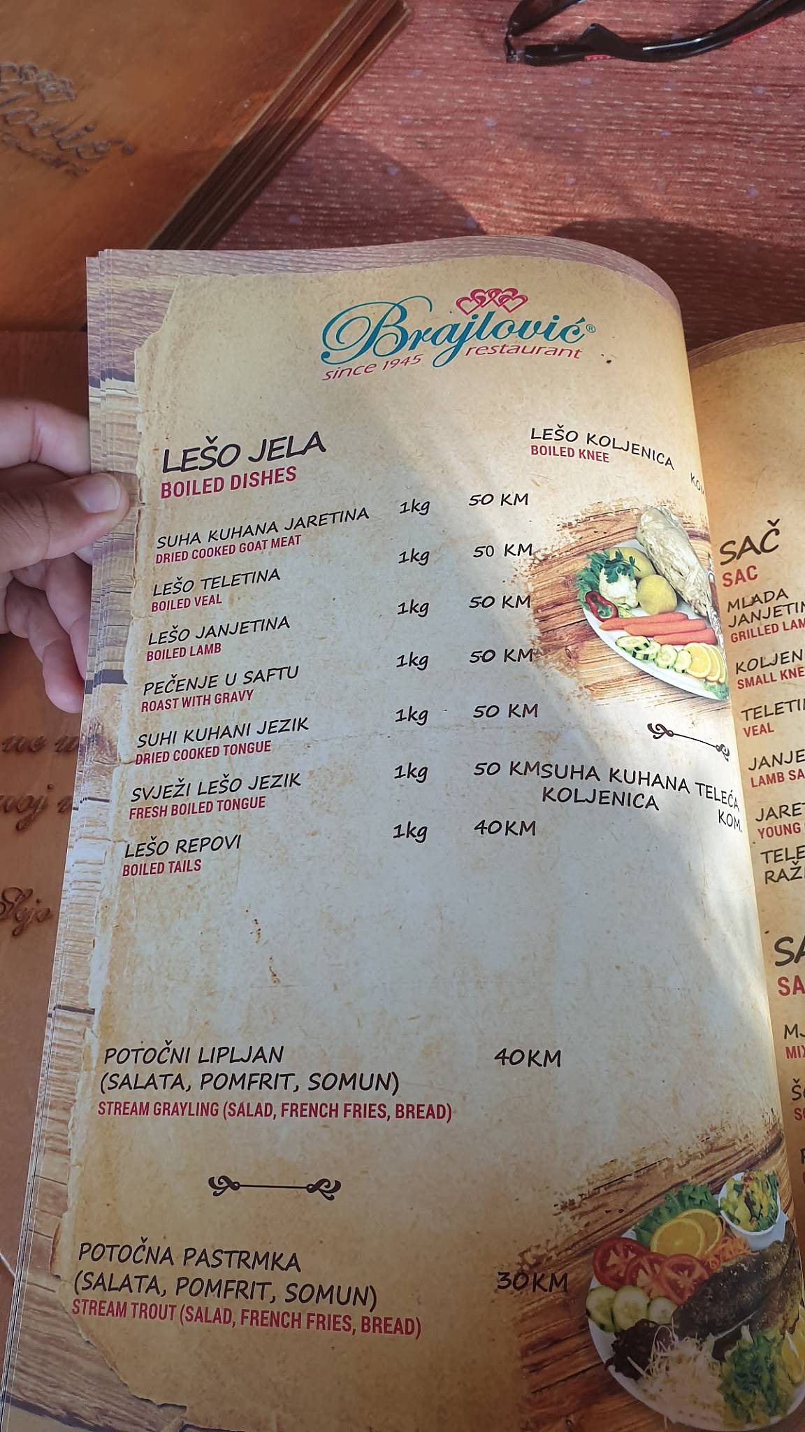 Menu at Brajlović restaurant, Ilidža, Samira Ćatovića Kobre 6