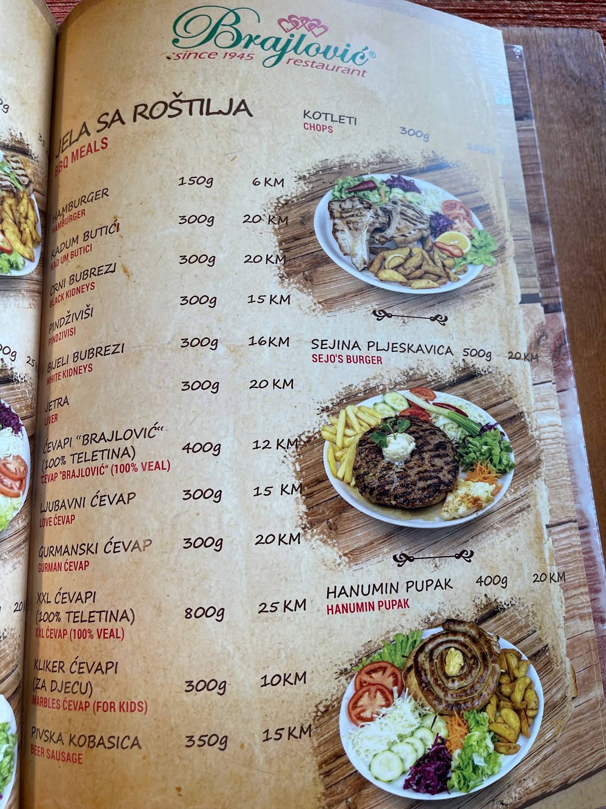 Menu at Brajlović restaurant, Ilidža, Samira Ćatovića Kobre 6