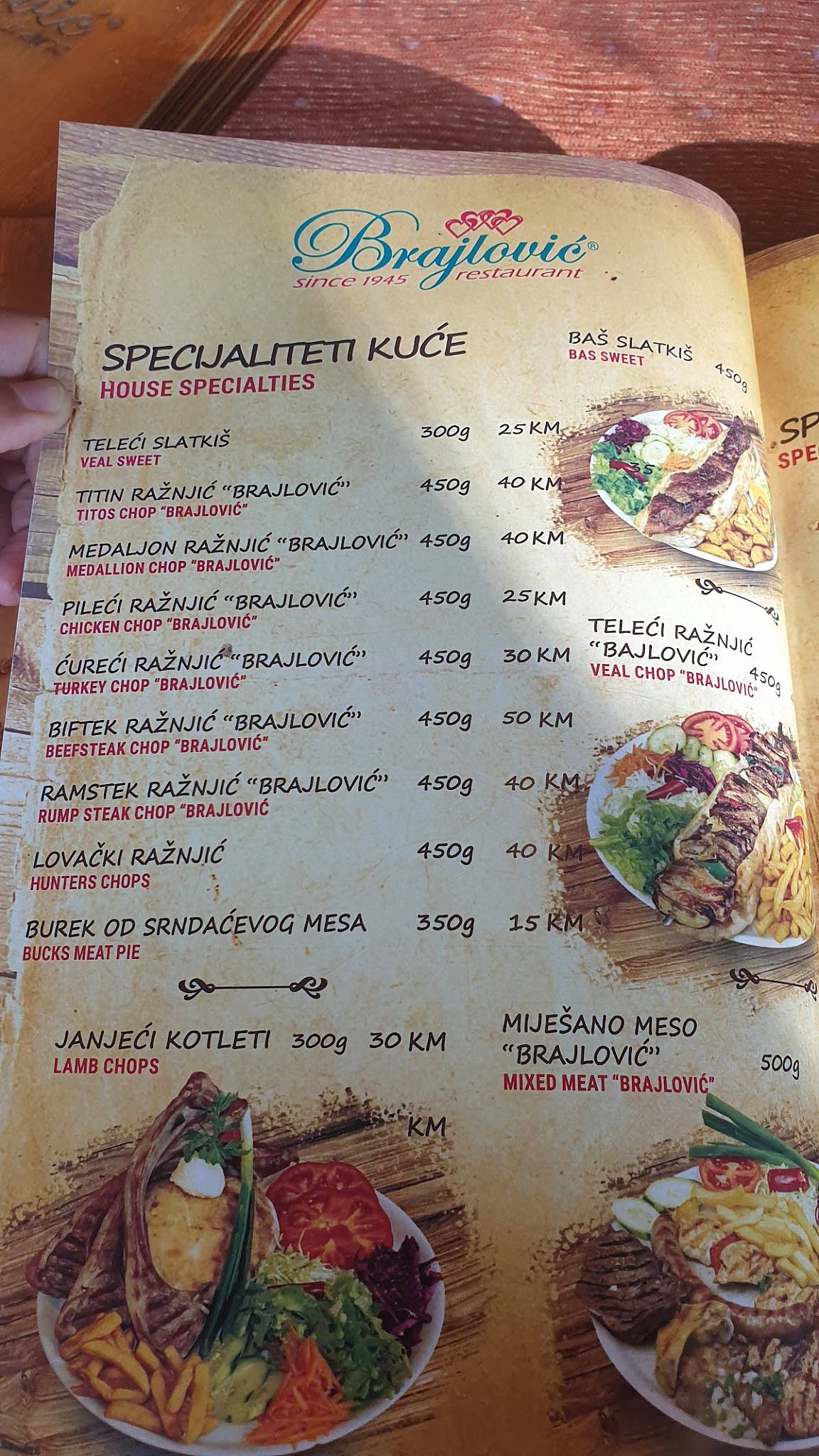Menu at Brajlović restaurant, Ilidža, Samira Ćatovića Kobre 6