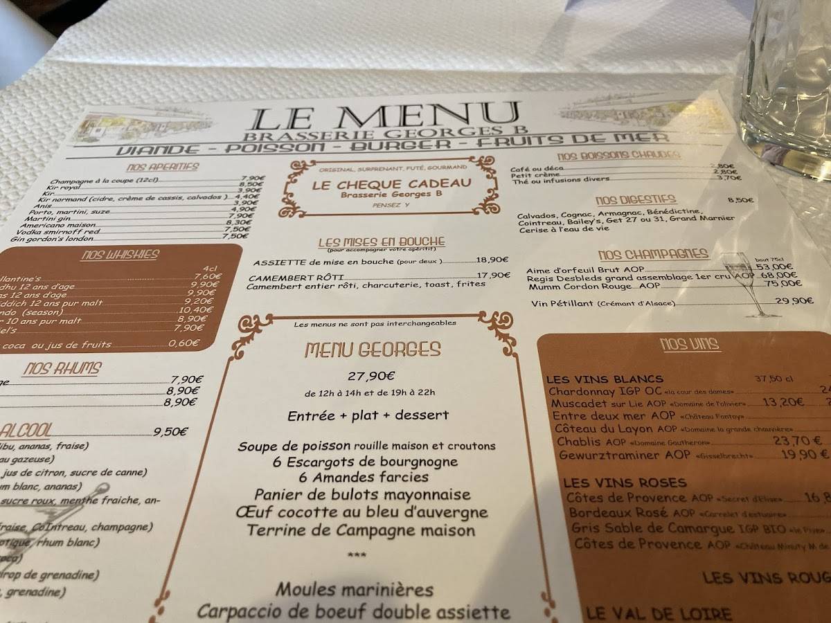 Menu au Brasserie Georges B. restaurant, Le Havre, 1 Rue Frédéric Bellanger