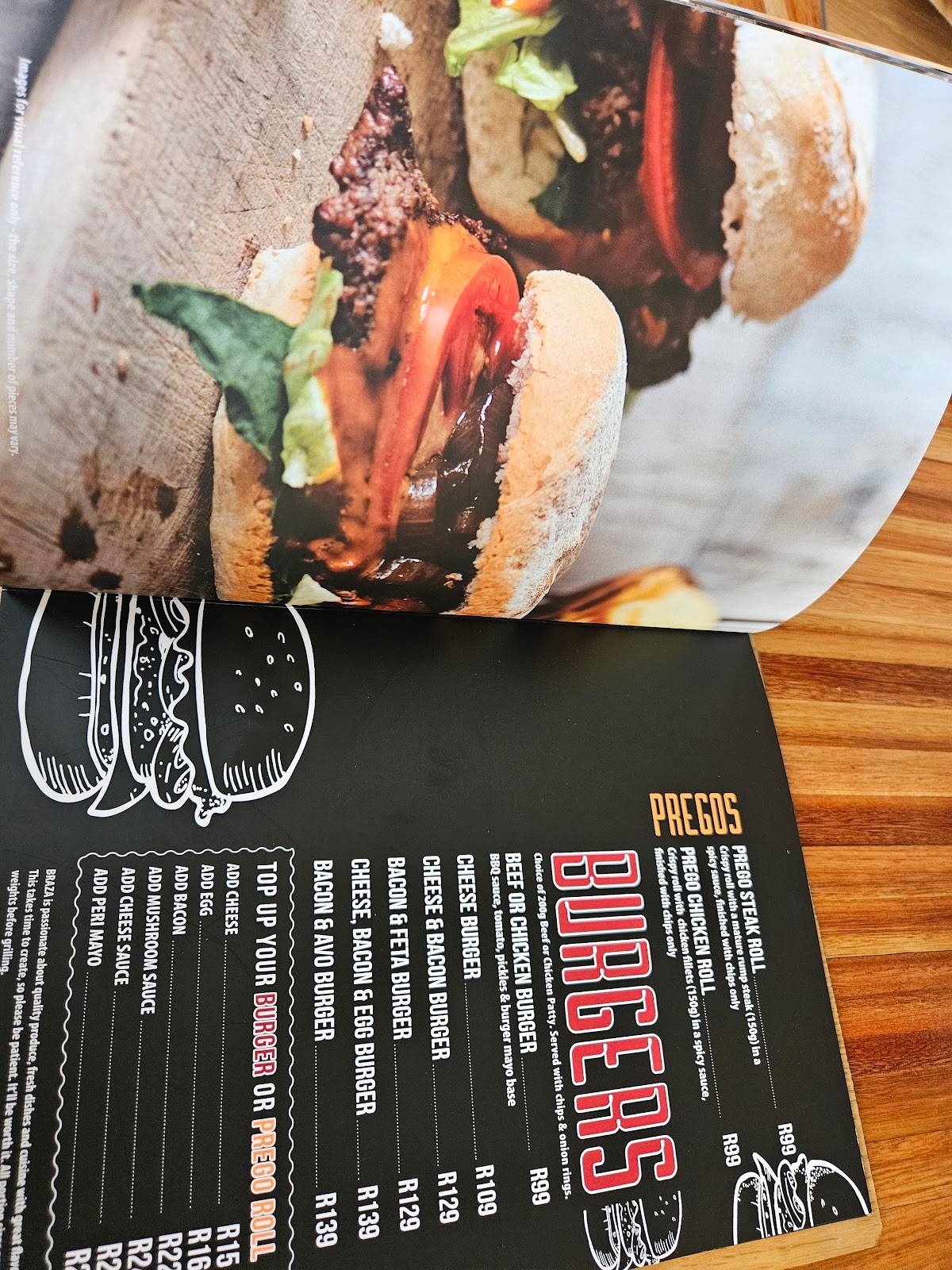 Menu at Braza restaurant, Bloemfontein, Loch Logan