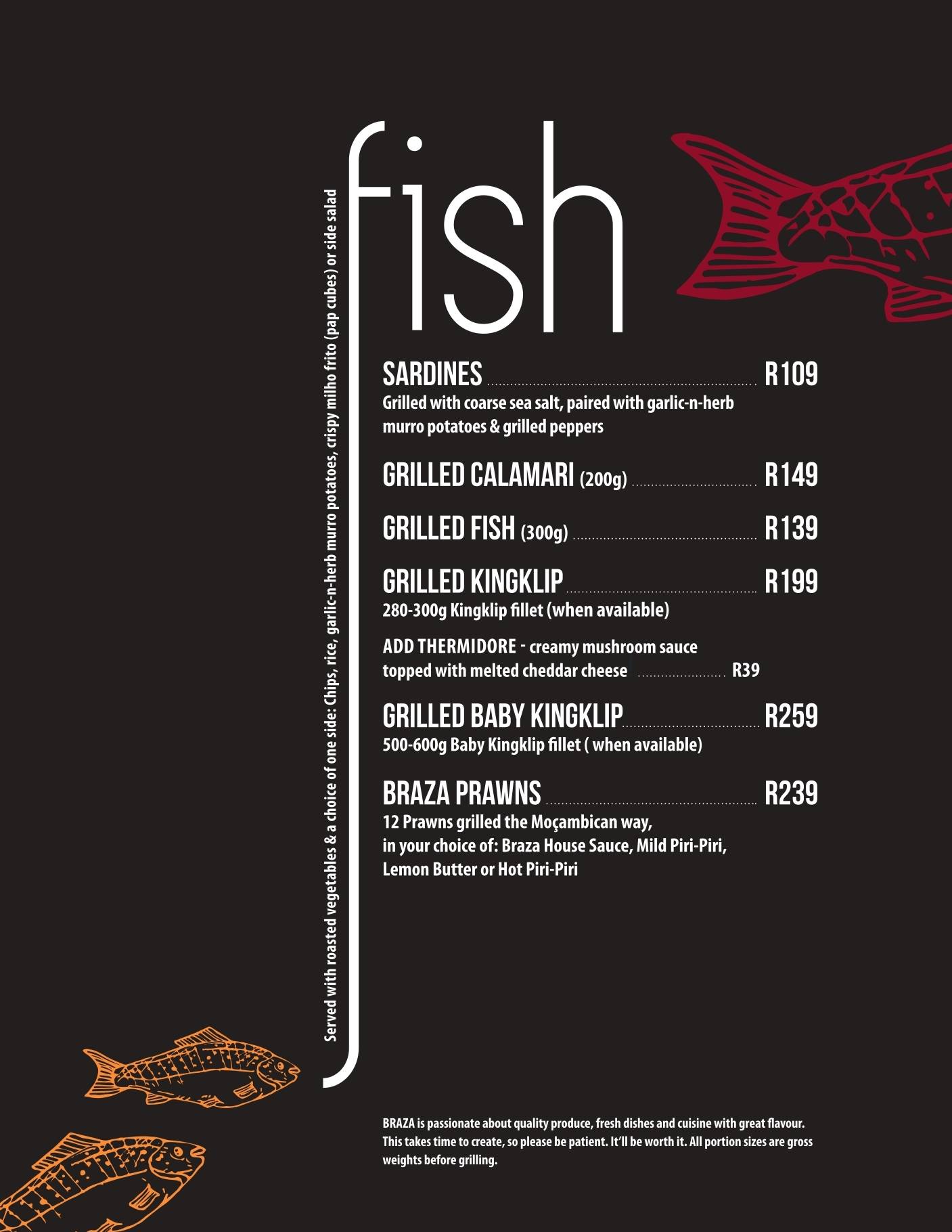Menu at Braza restaurant, Bloemfontein, Loch Logan