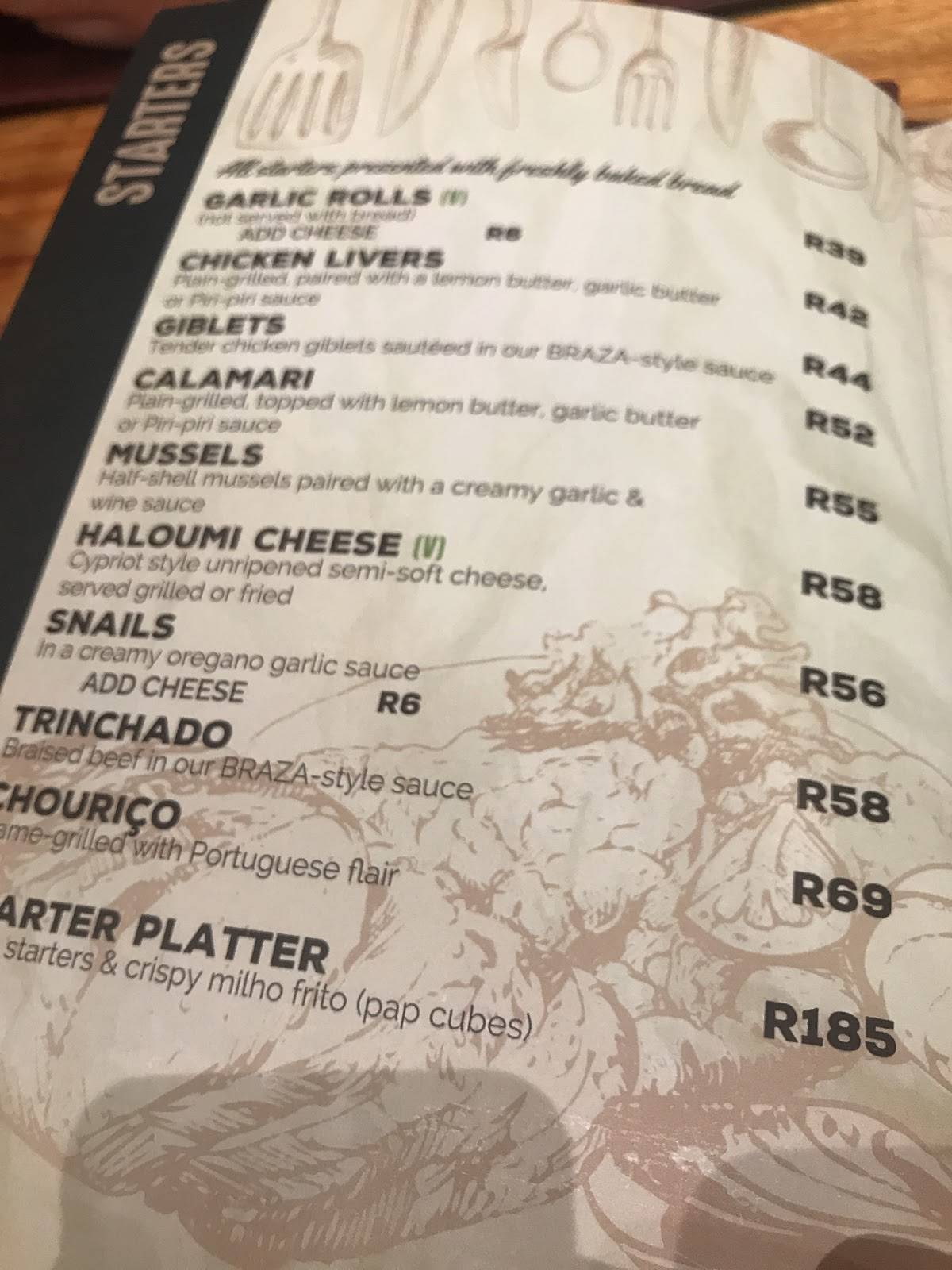 Menu at Braza restaurant, Bloemfontein, Loch Logan
