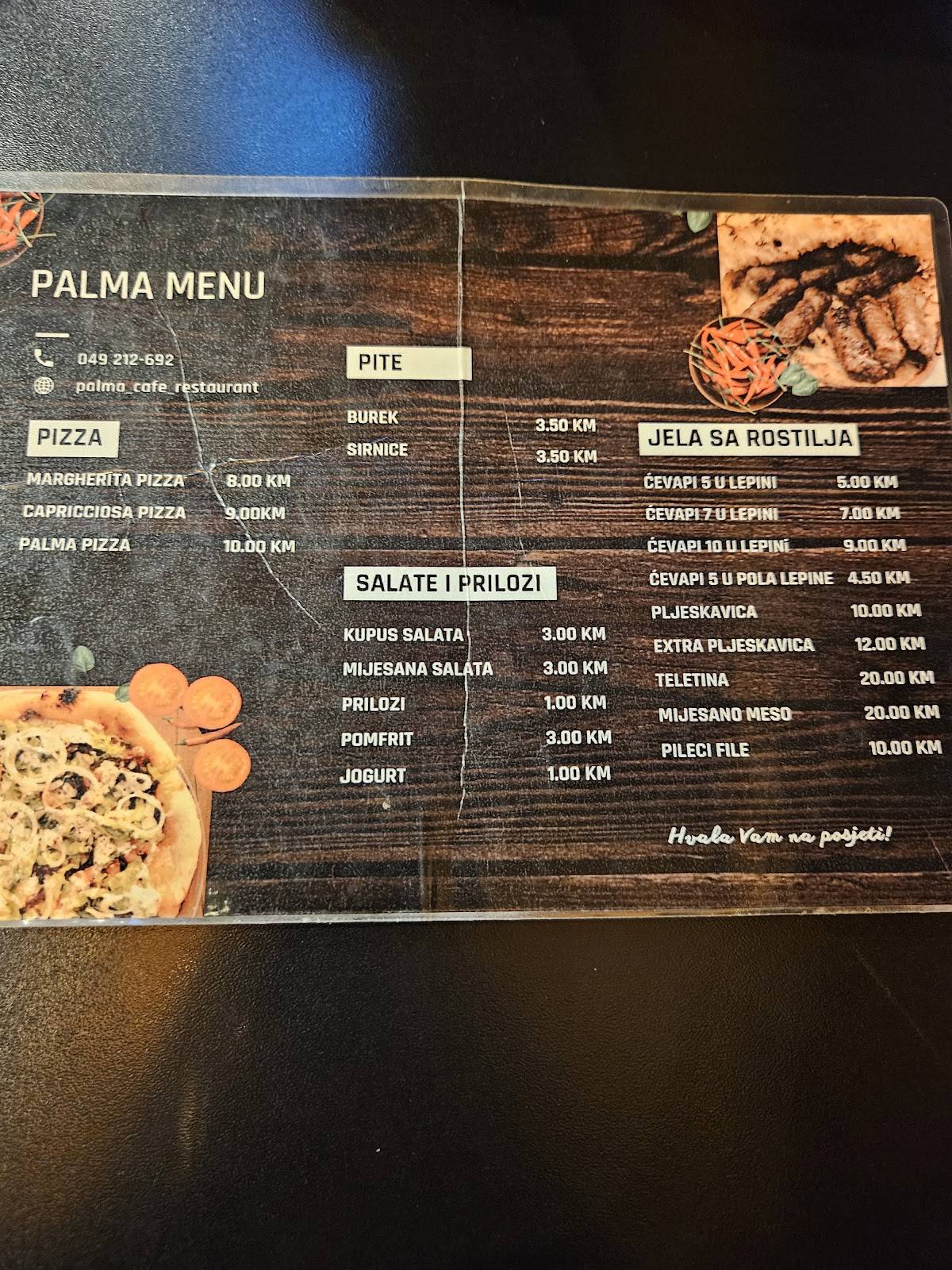Menu at Palma restaurant, Brčko