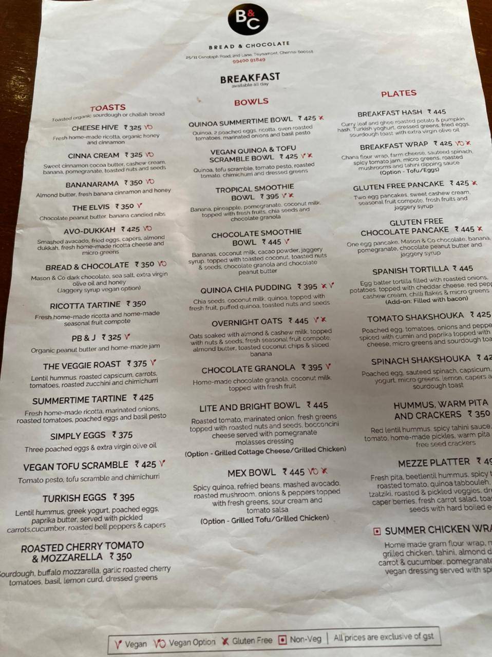Menu at SOWL, Chennai