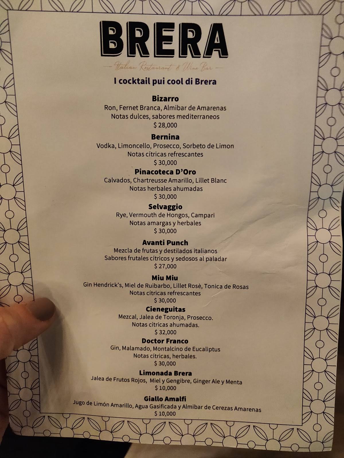 Carta de Brera Italian Restaurant & Wine Bar, Bogotá