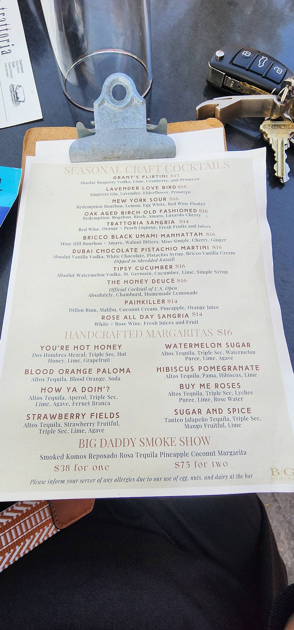 Menu at Bricco Trattoria restaurant, Glastonbury