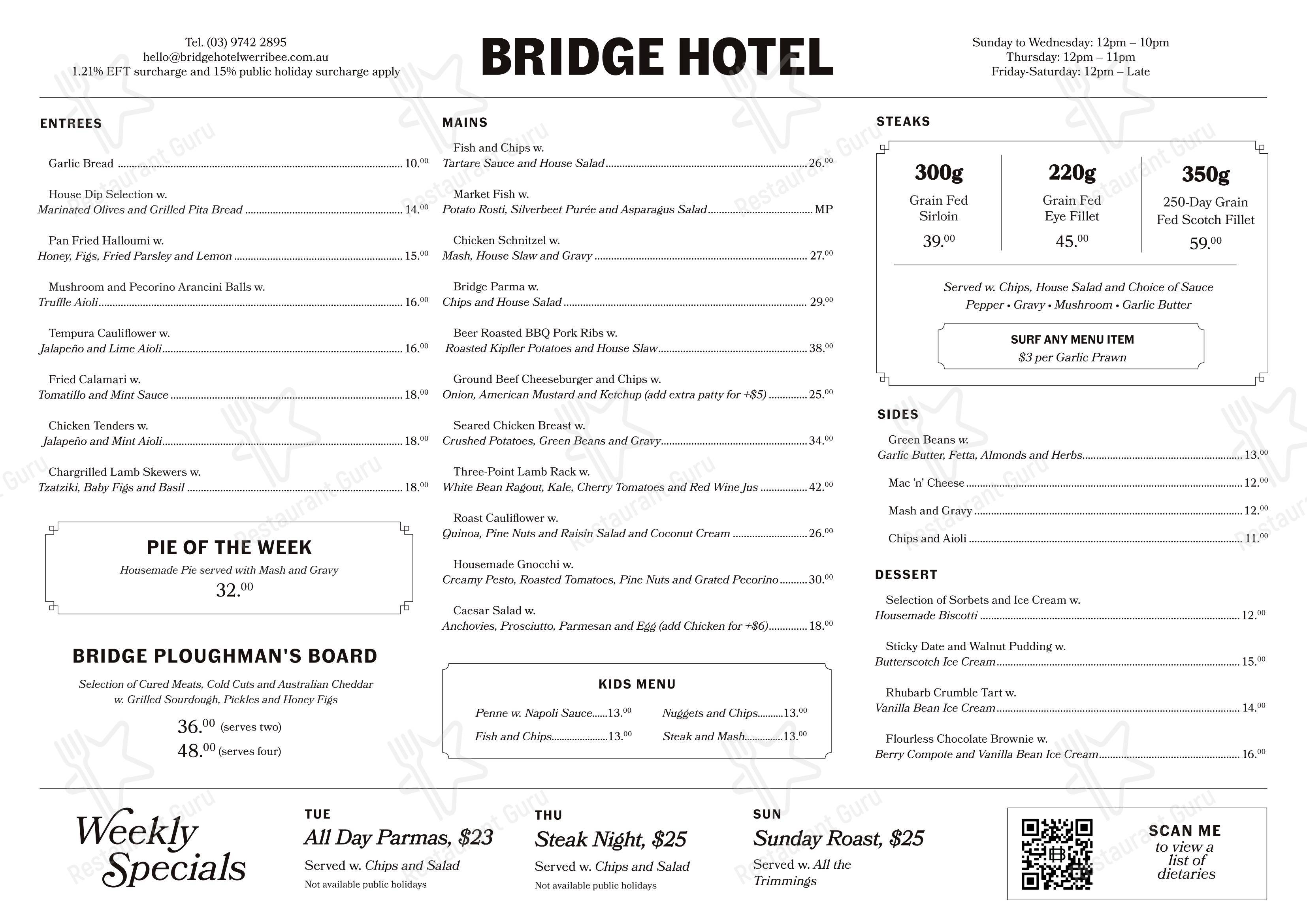Menu at Bridge Hotel Werribee restaurant, Werribee