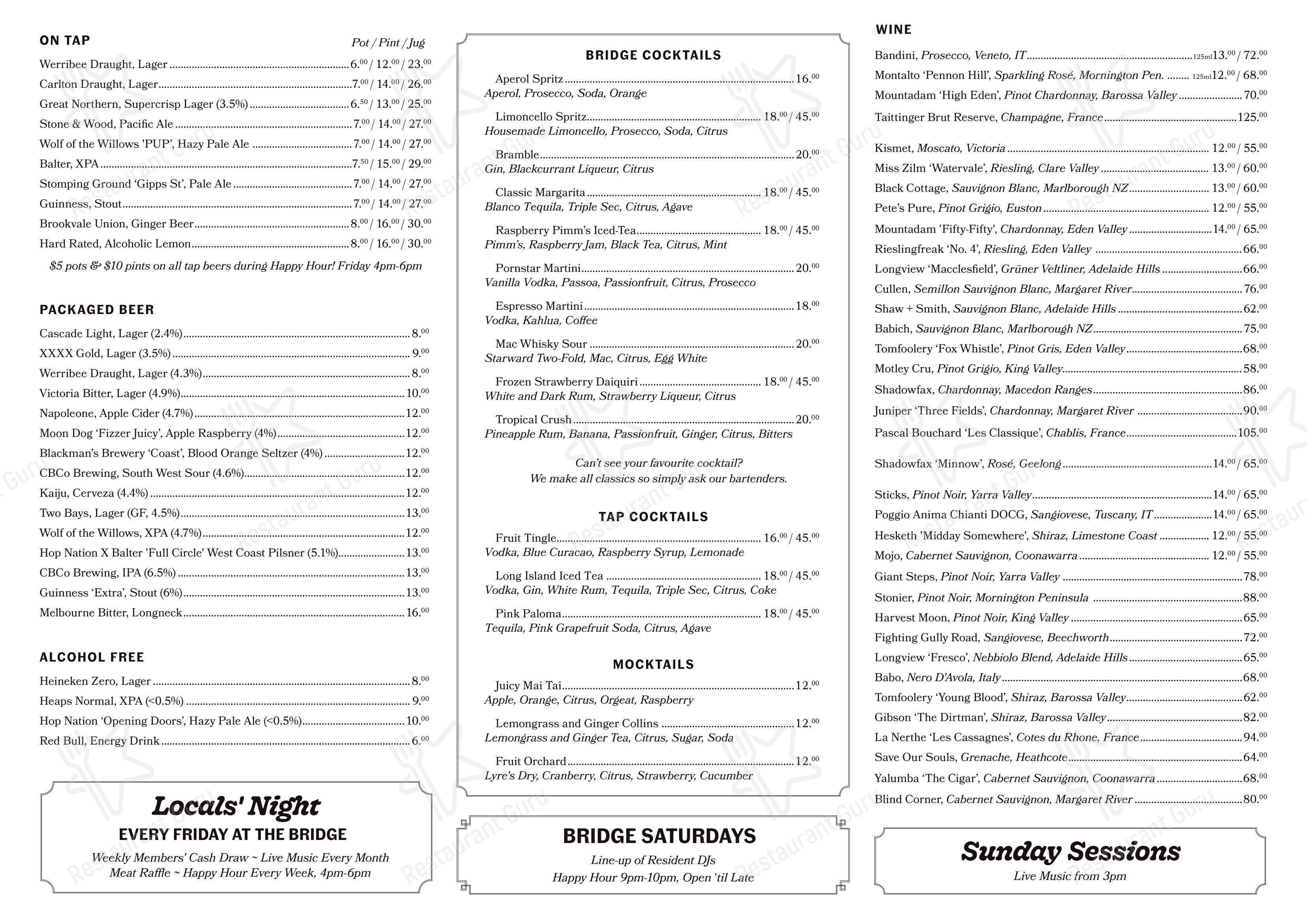 Menu at Bridge Hotel Werribee restaurant, Werribee