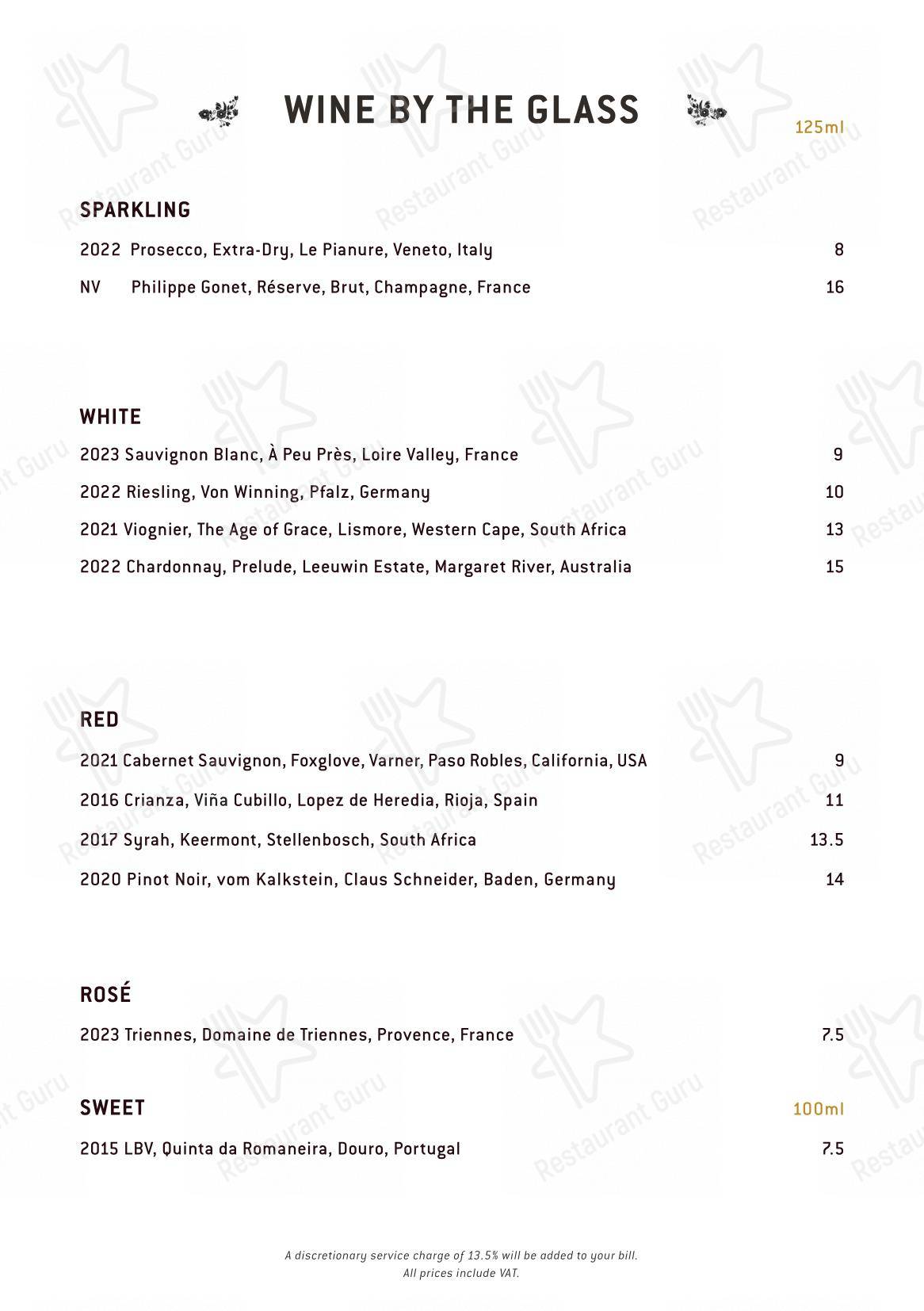 Menu at Brigadiers restaurant, London