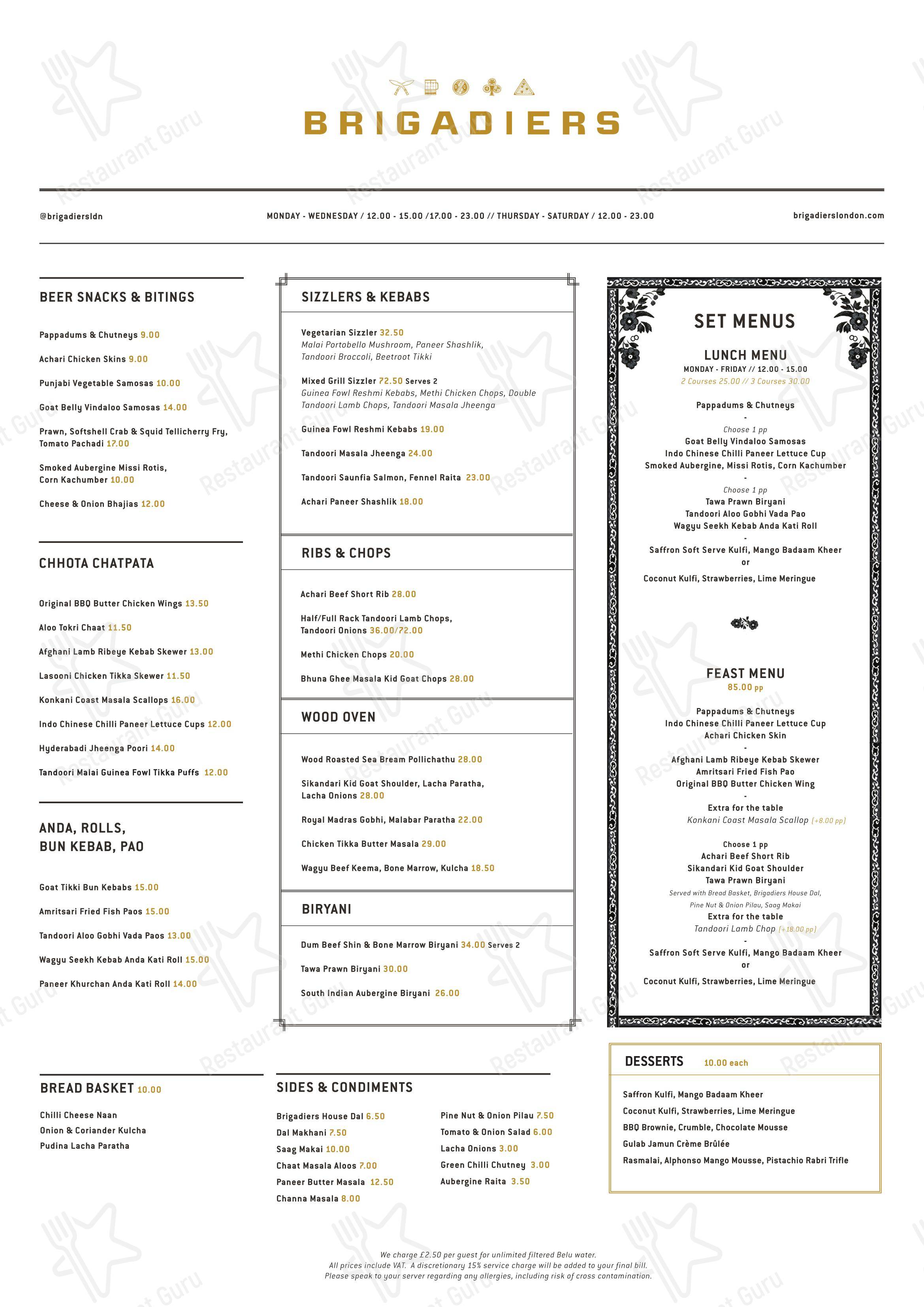 Menu at Brigadiers restaurant, London