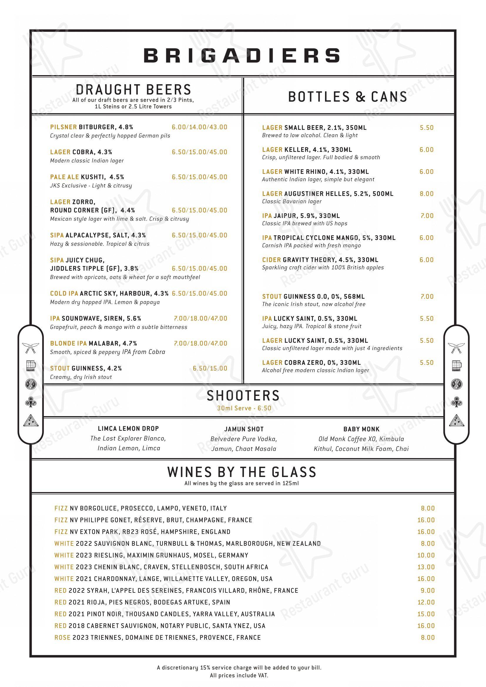 Menu at Brigadiers restaurant, London