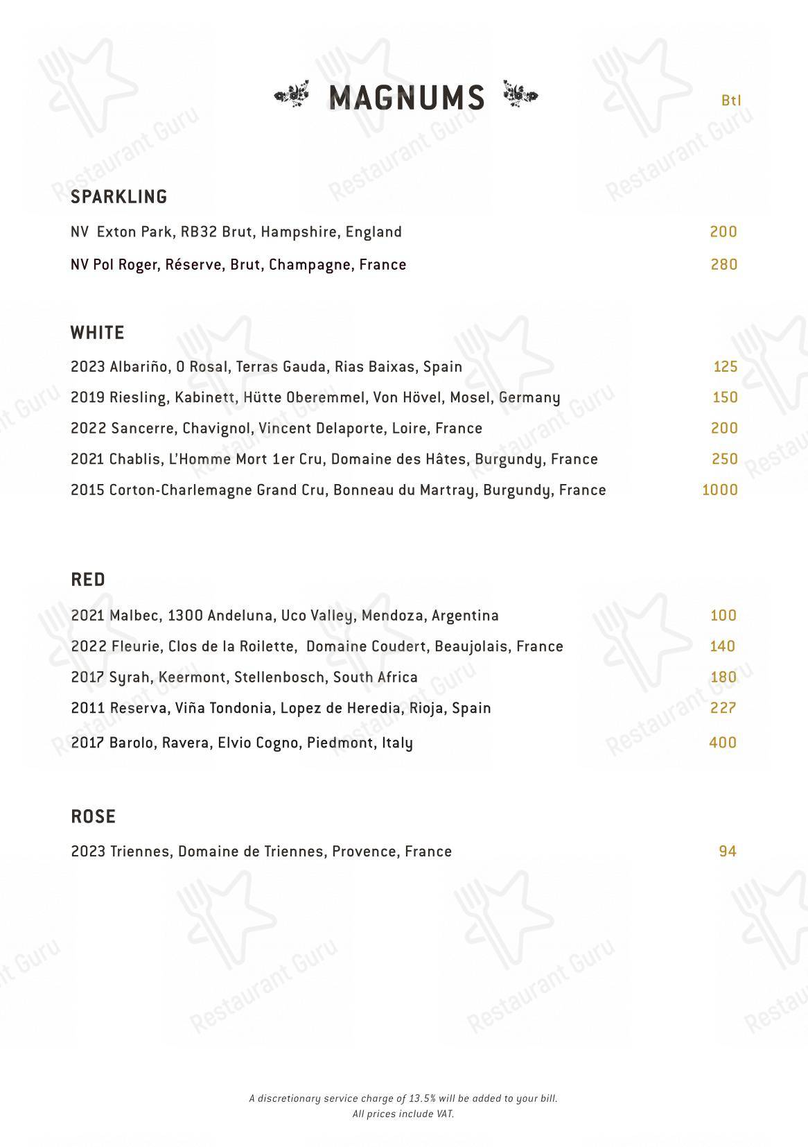 Menu at Brigadiers restaurant, London