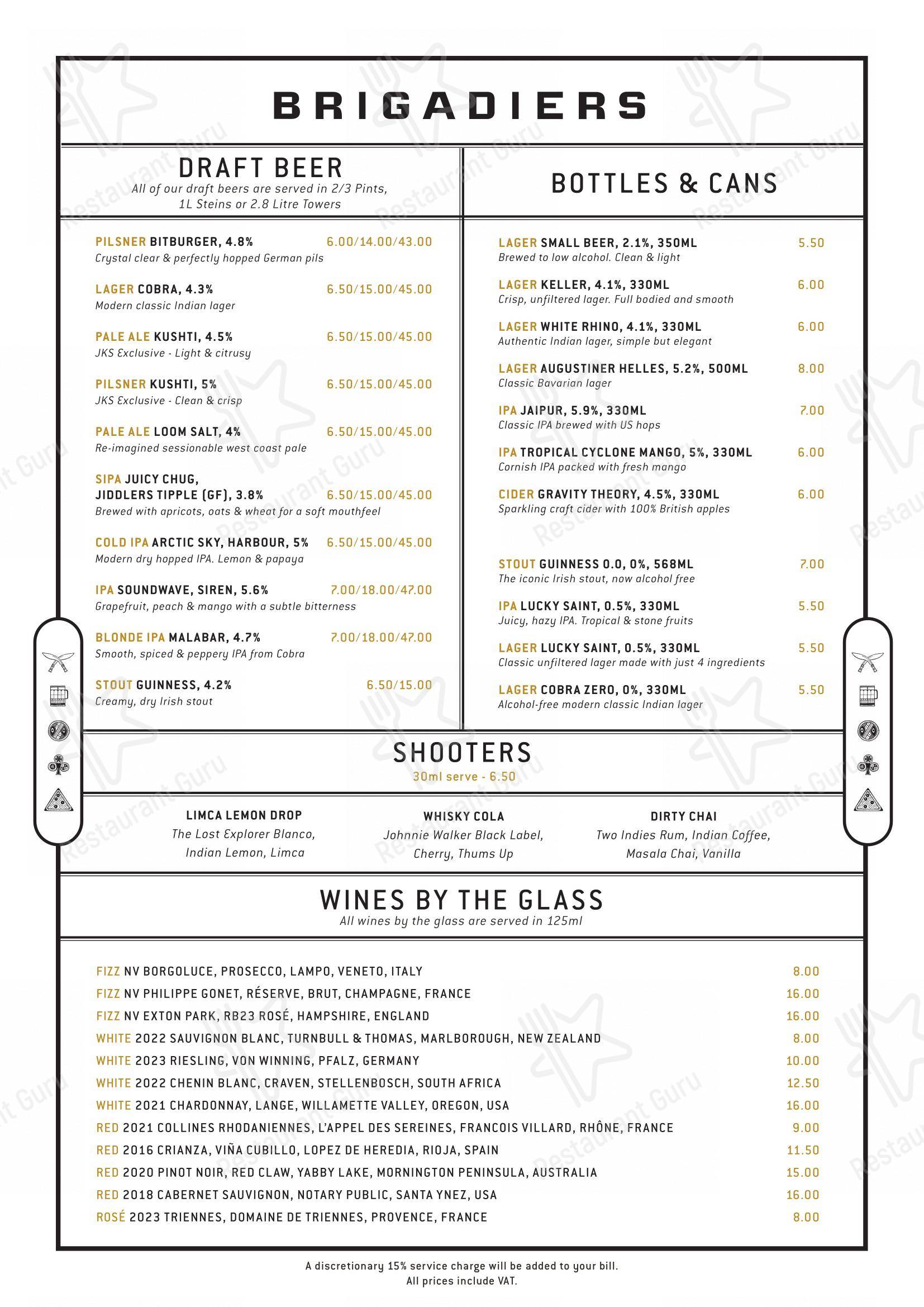 Menu at Brigadiers restaurant, London