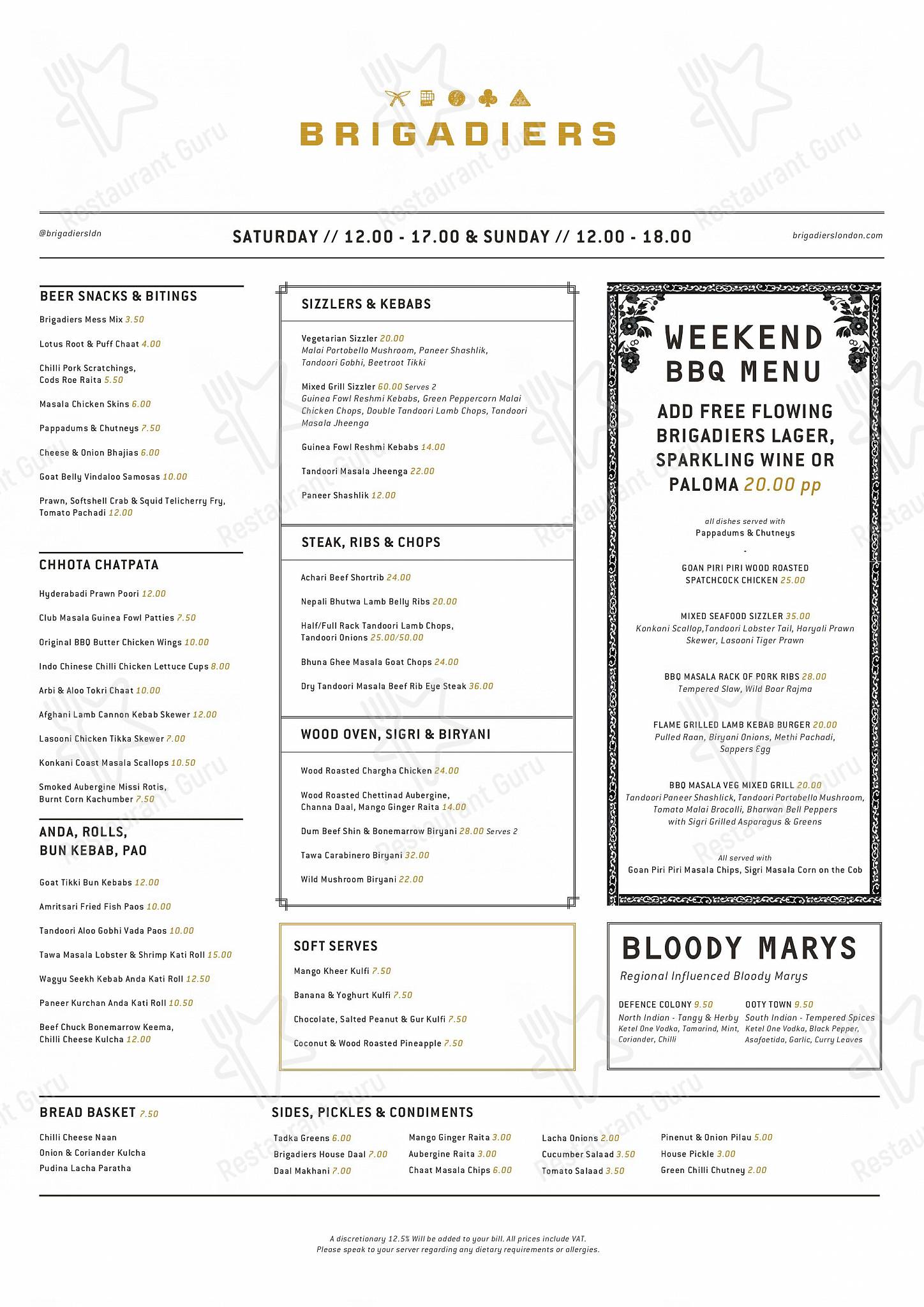 Menu at Brigadiers restaurant, London