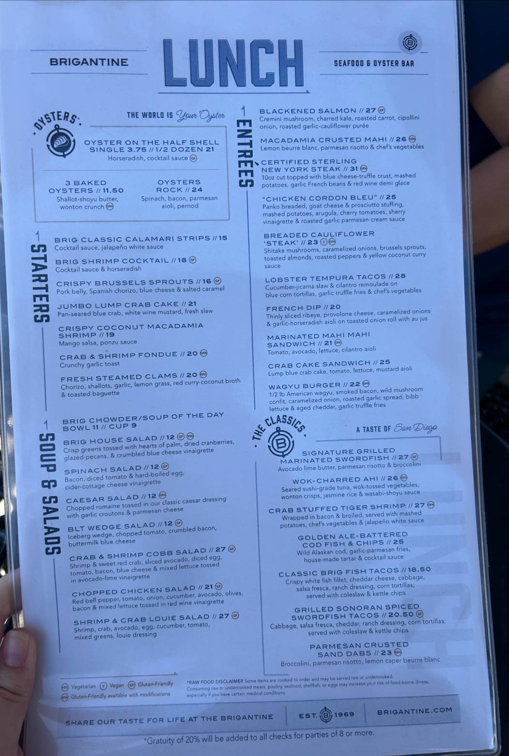 Menu at Brigantine Seafood & Oyster Bar, Del Mar, Camino Del Mar